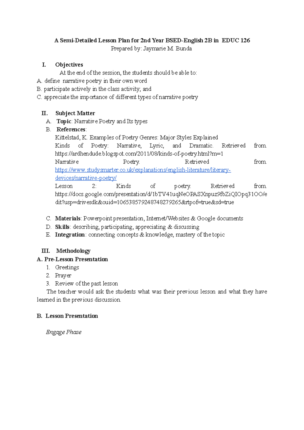 Detailed Lesson Plan on Narrative & Lyric Poetry for EDUC 126 - Studocu