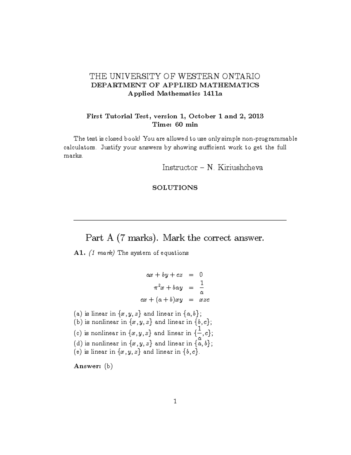 AM1411a Applied Mathematics 1411a Test 1 Solutions - Oct 2013 - Studocu