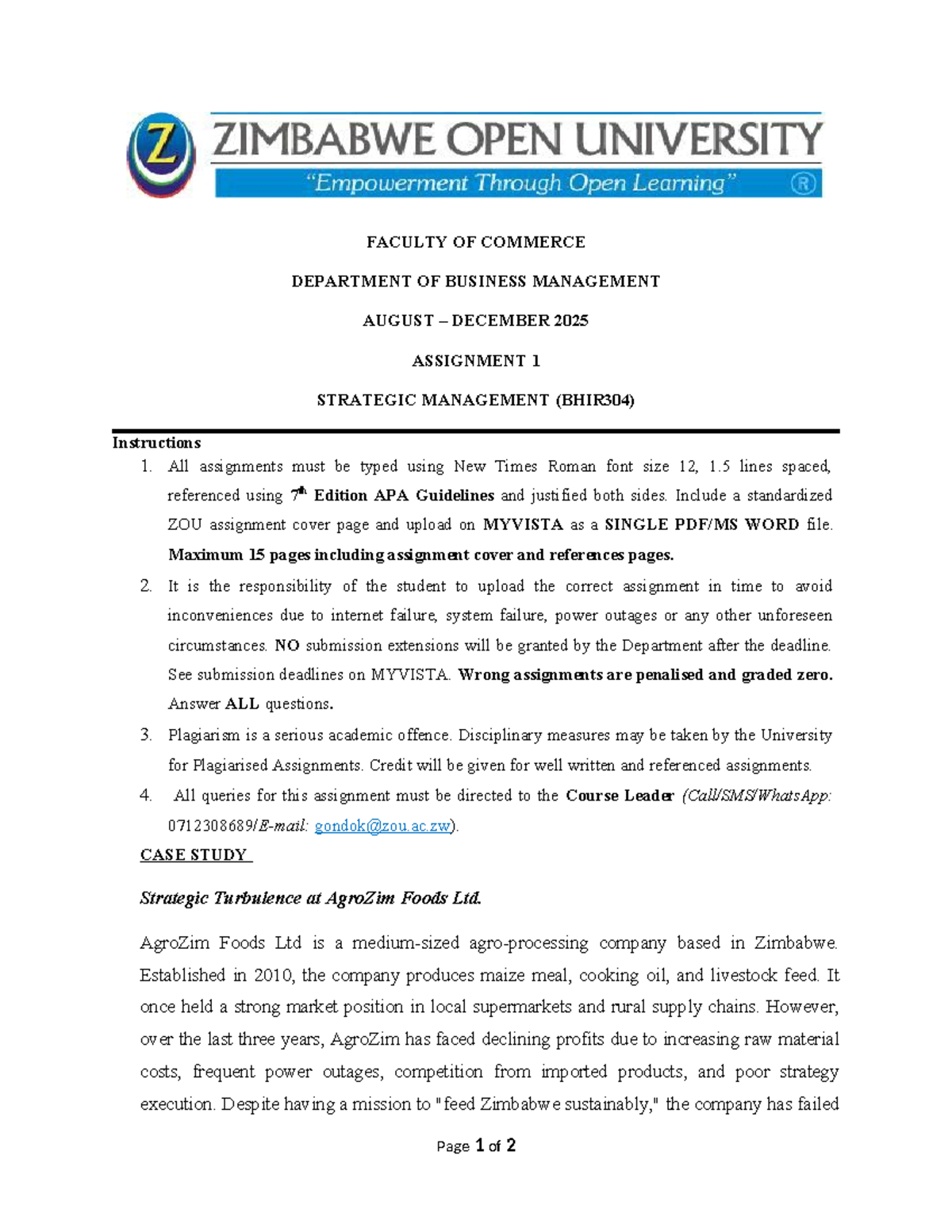 Strategic Management Case Study: AgroZim Foods Ltd (BHIR304) - Studocu