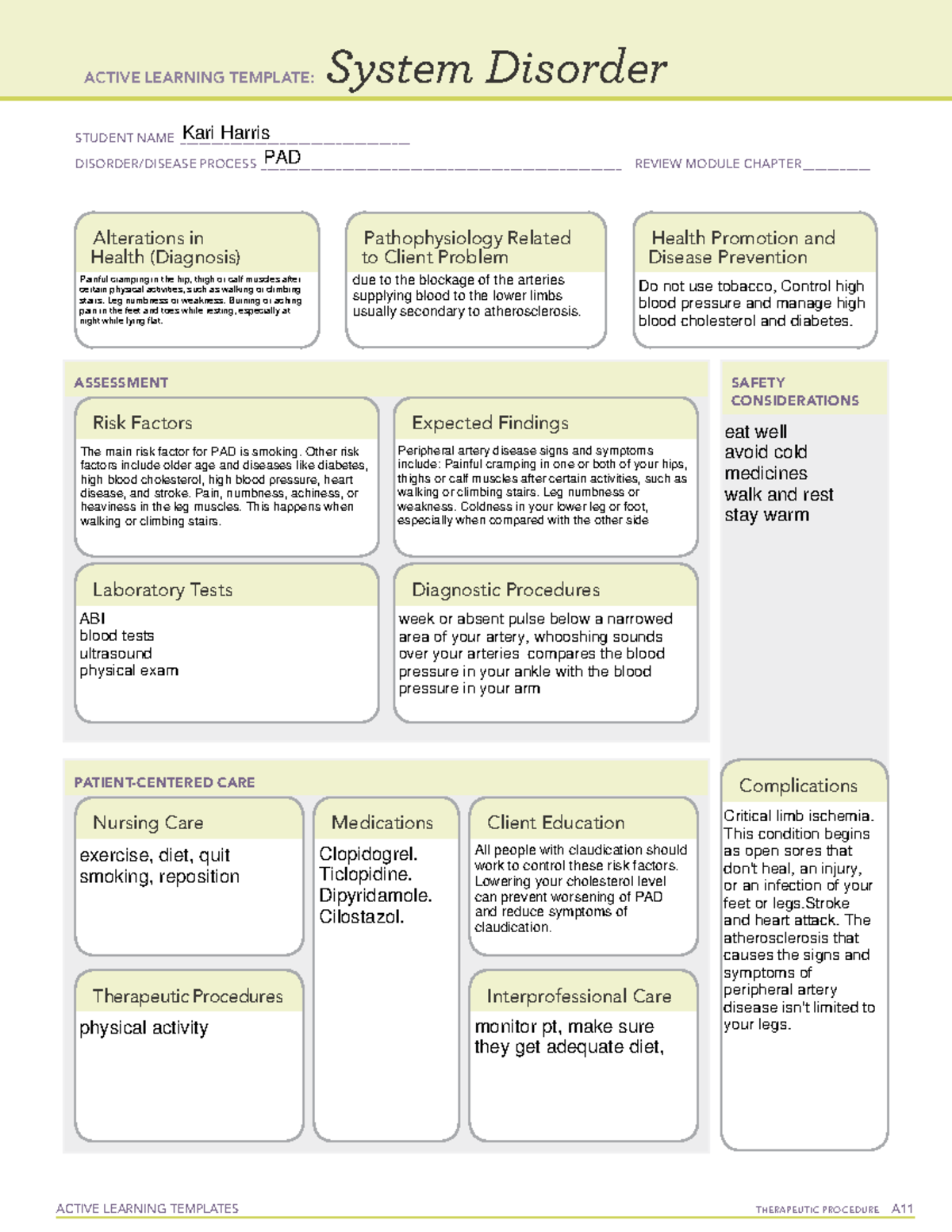 PAD ATI Template: Active Learning on Peripheral Artery Disease - Studocu