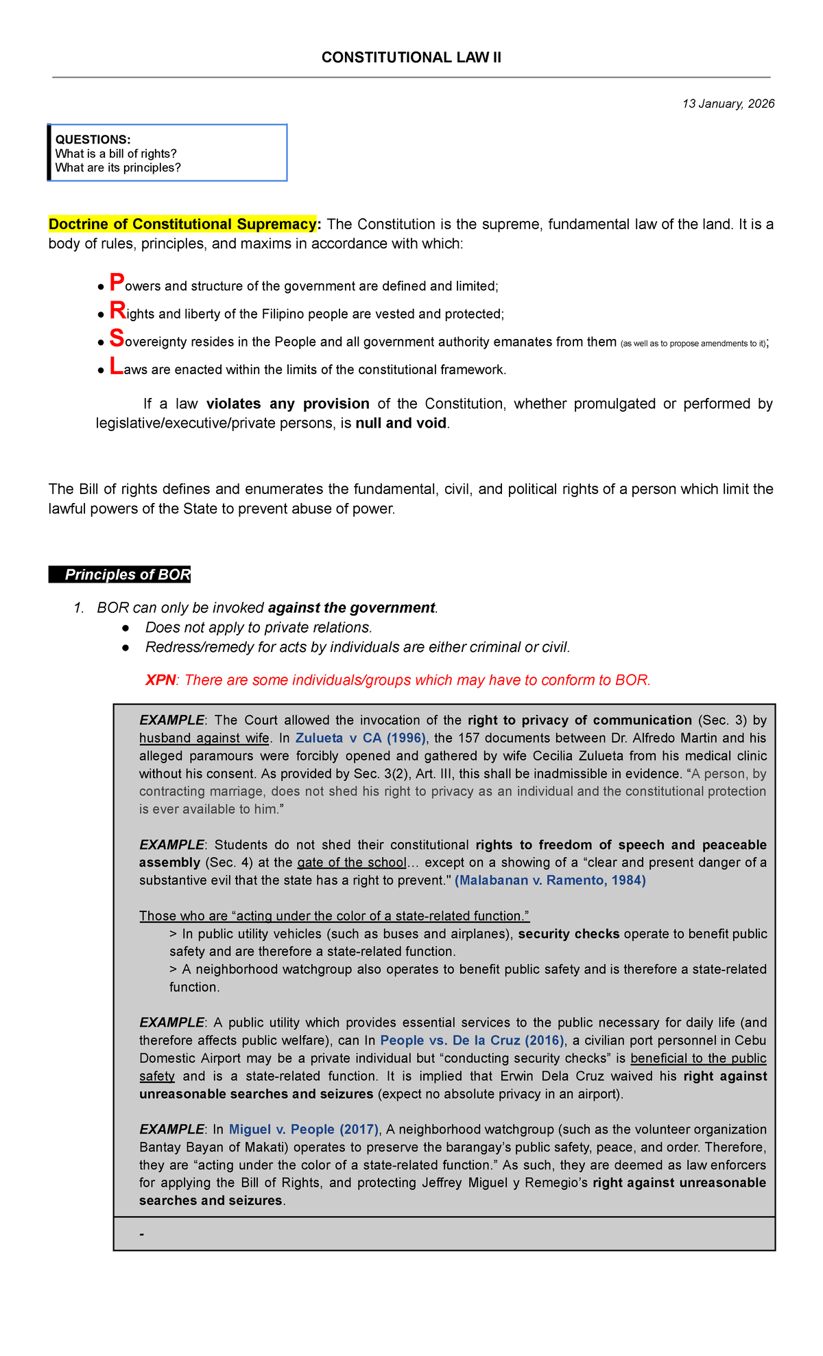 Constitutional Law II: Bill of Rights & Principles Overview - Studocu