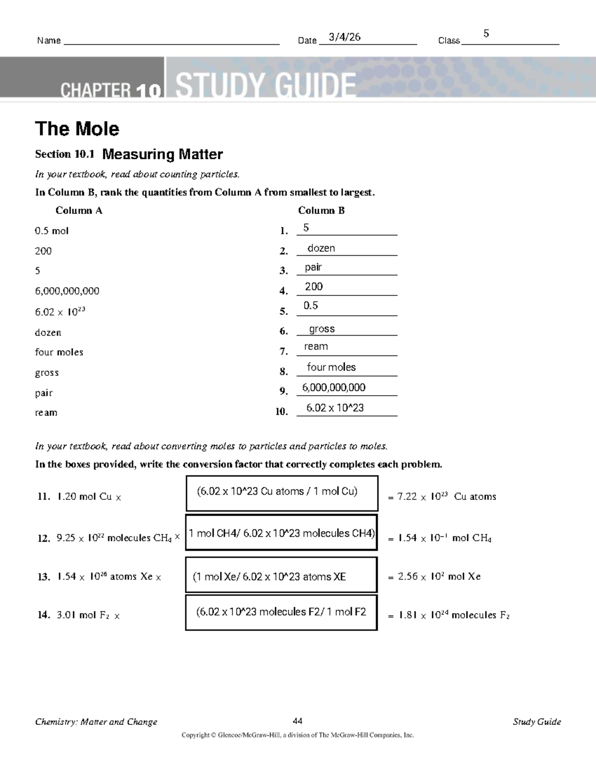 Chemistry 10 Study Guide: The Mole and Its Applications - Studocu
