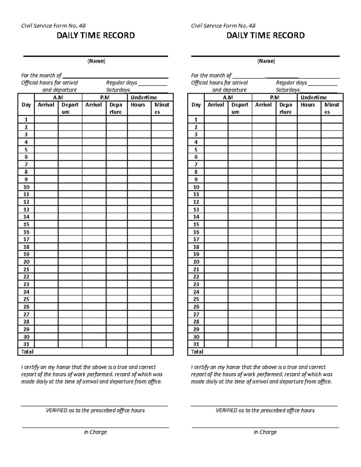 Daily Time Record (DTR) - Civil Service Form No. 48 Template - Studocu