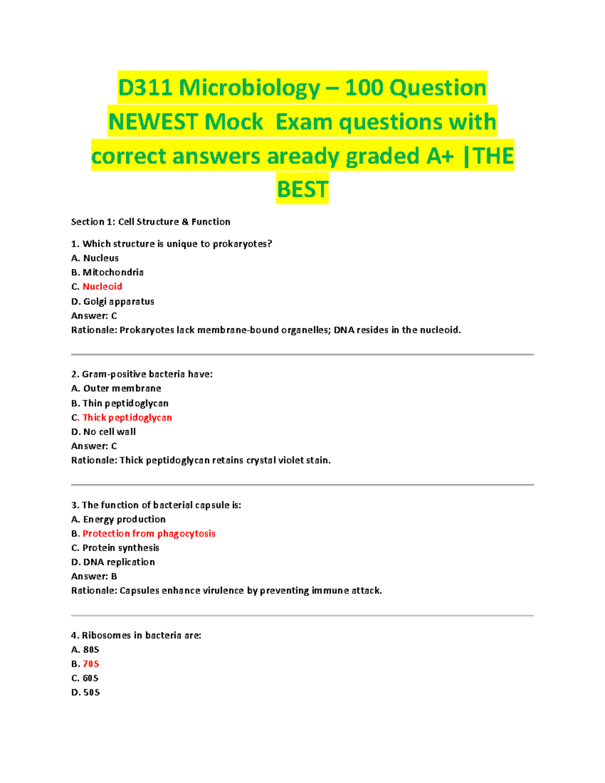 D311 Microbiology Mock Exam: 100 Questions & Answers - Studocu