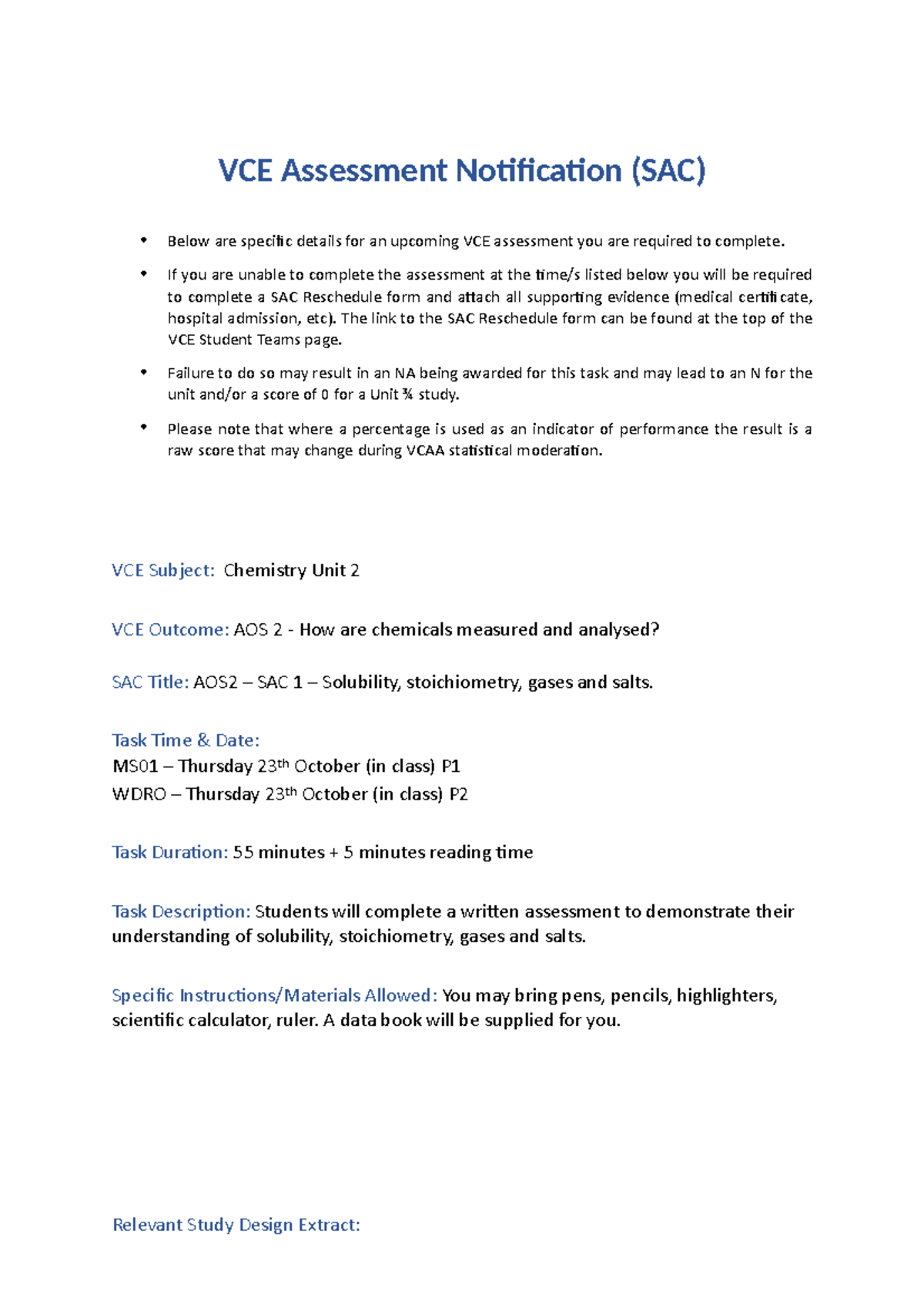 2025 VCE Assessment Notification: Chem U2 AOS2 SAC on Solubility ...