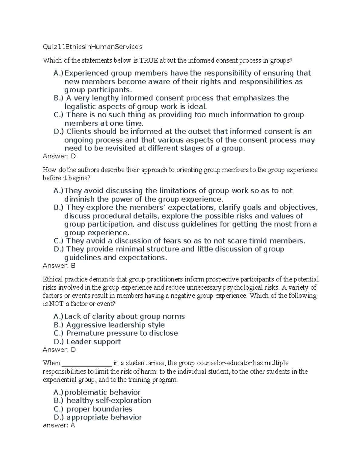 Quiz 11: Ethics in Human Services - Understanding Informed Consent and ...