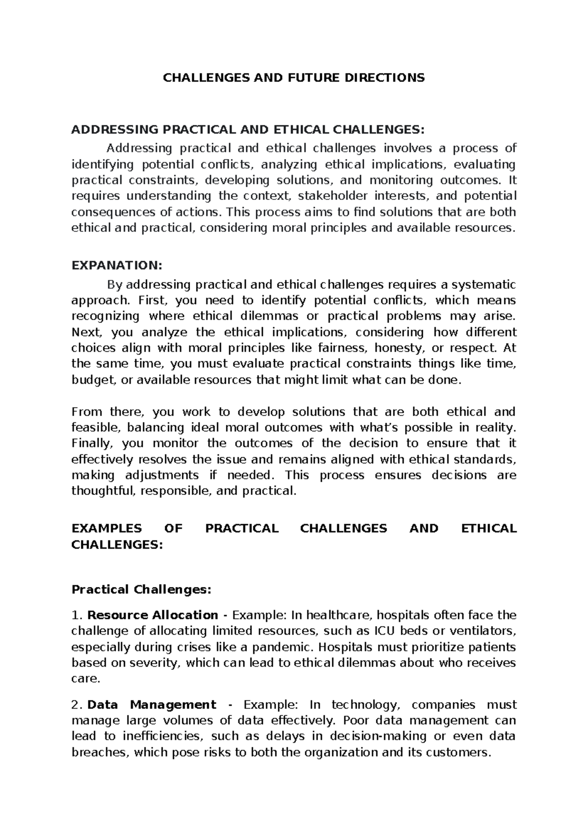 CHALLENGES AND FUTURE DIRECTIONS IN ETHICS AND PRACTICALITY - Studocu