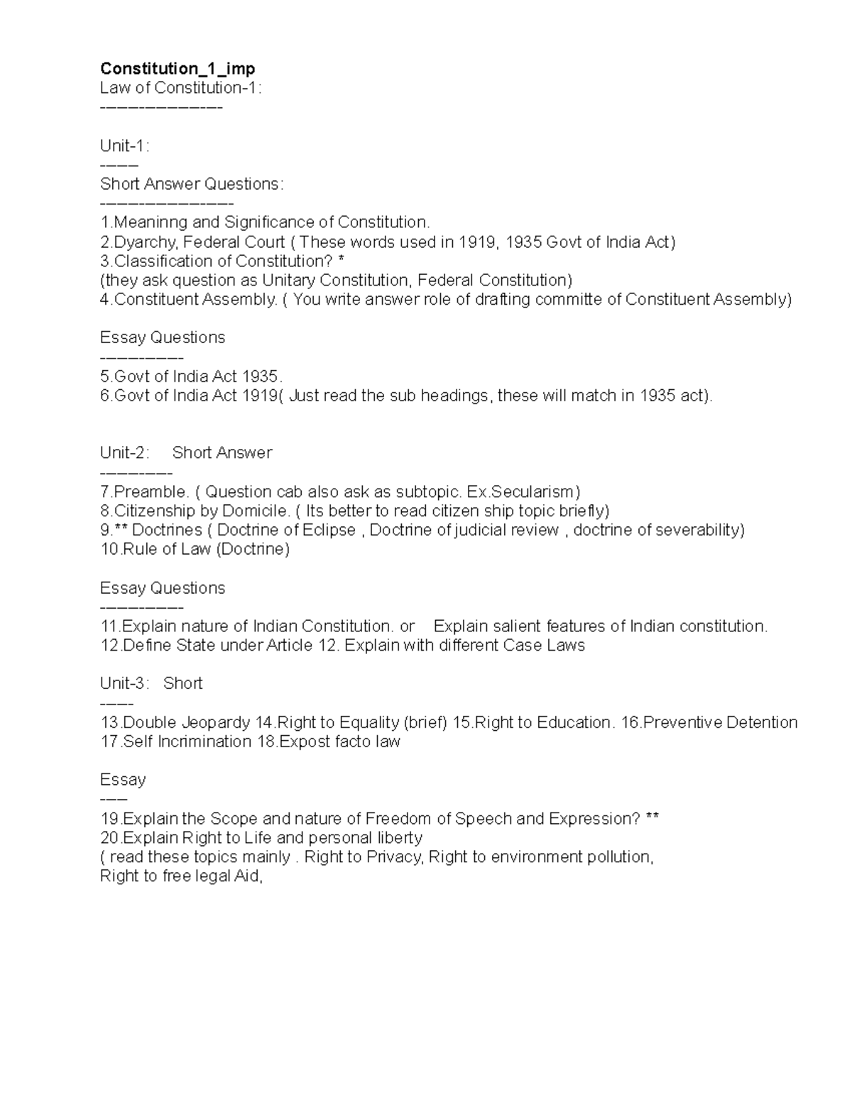 Constitution LAW Important Questions SEM-1 - Constitution_1_imp Law of ...