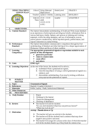 Grammatical - Lesson plan - CO 2 LESSON PLAN School MOLOPOLO NHS Grade ...