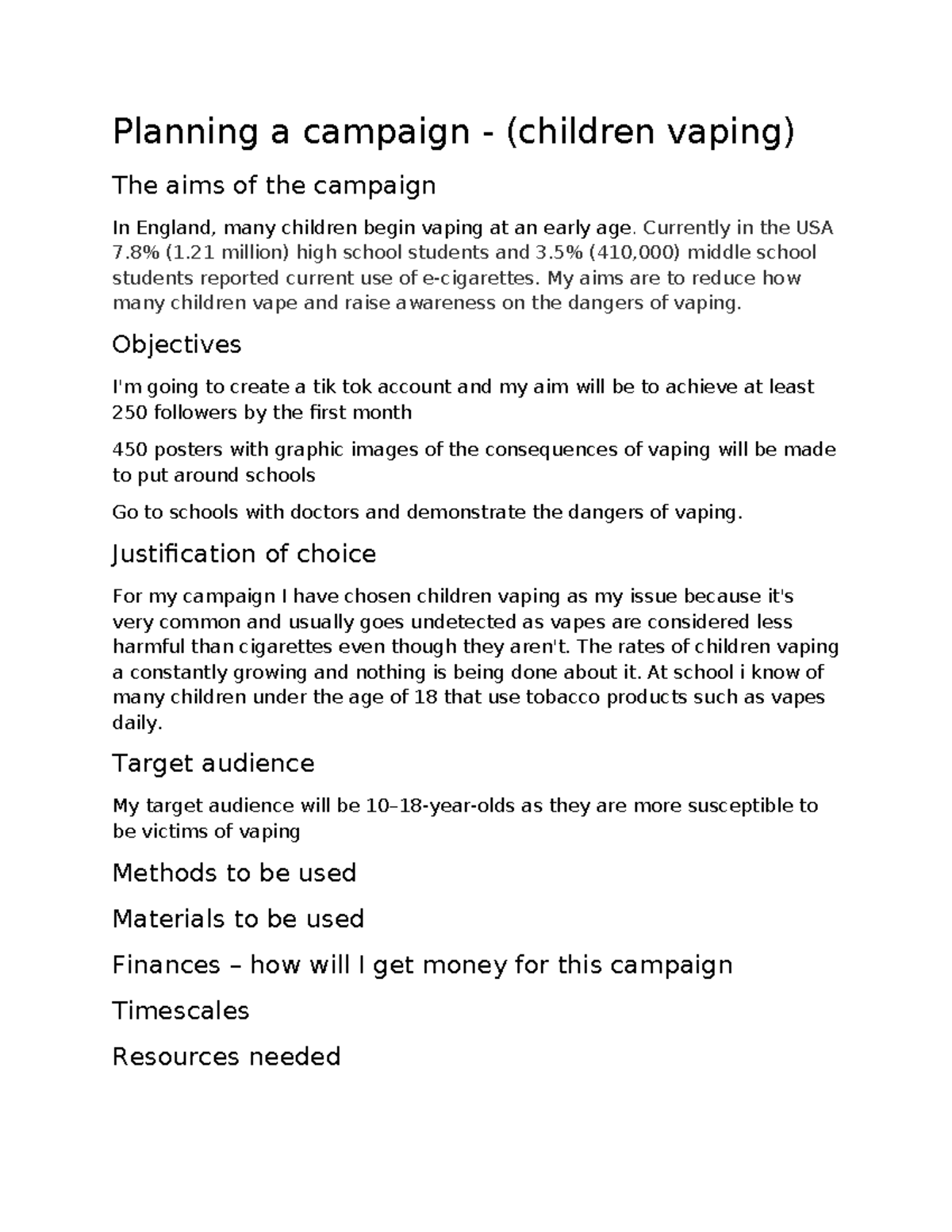 Campaign Plan: Tackling Children's Vaping - Unit 1 - Studocu