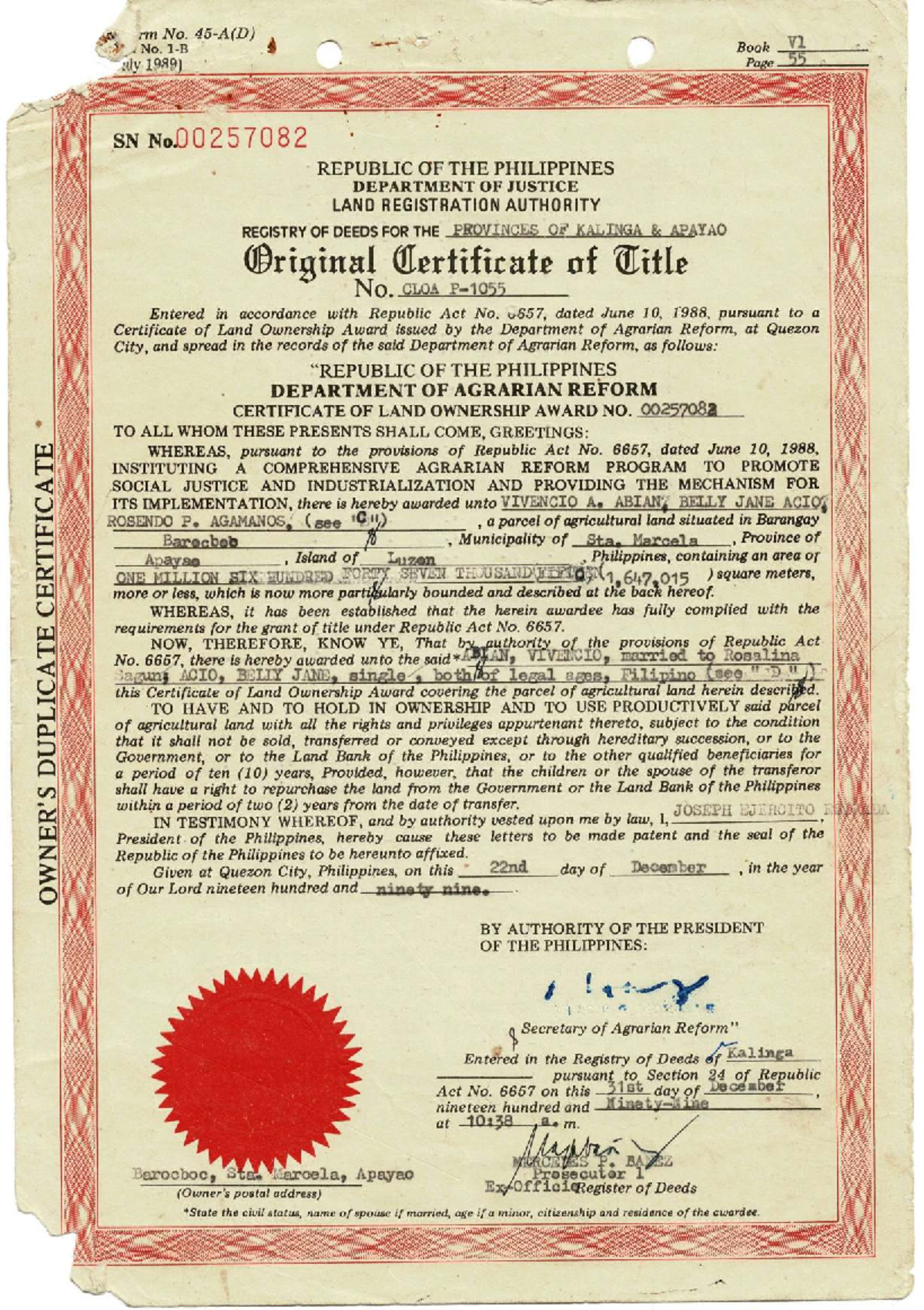 CLOA No. 00257082: Certificate of Land Ownership Award Details - Studocu