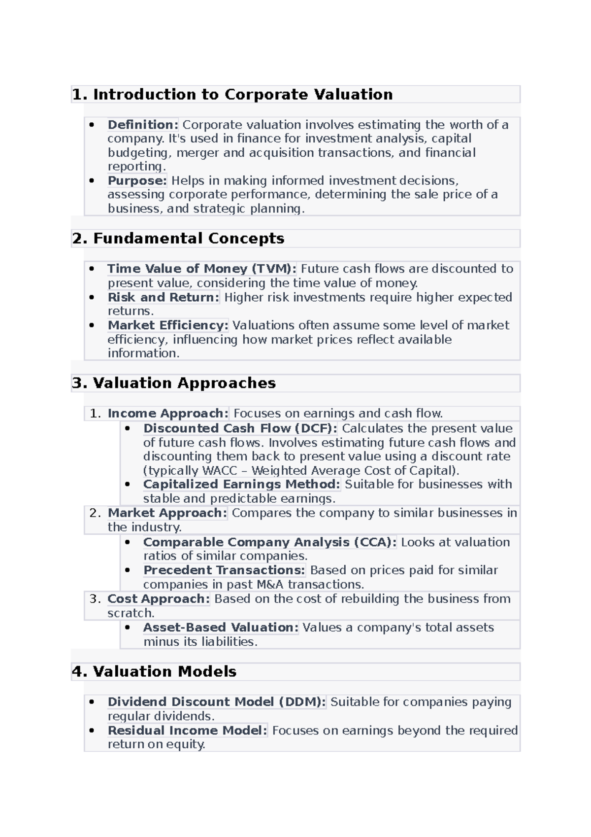 Corp val notes - 1. Introduction to Corporate Valuation Definition ...
