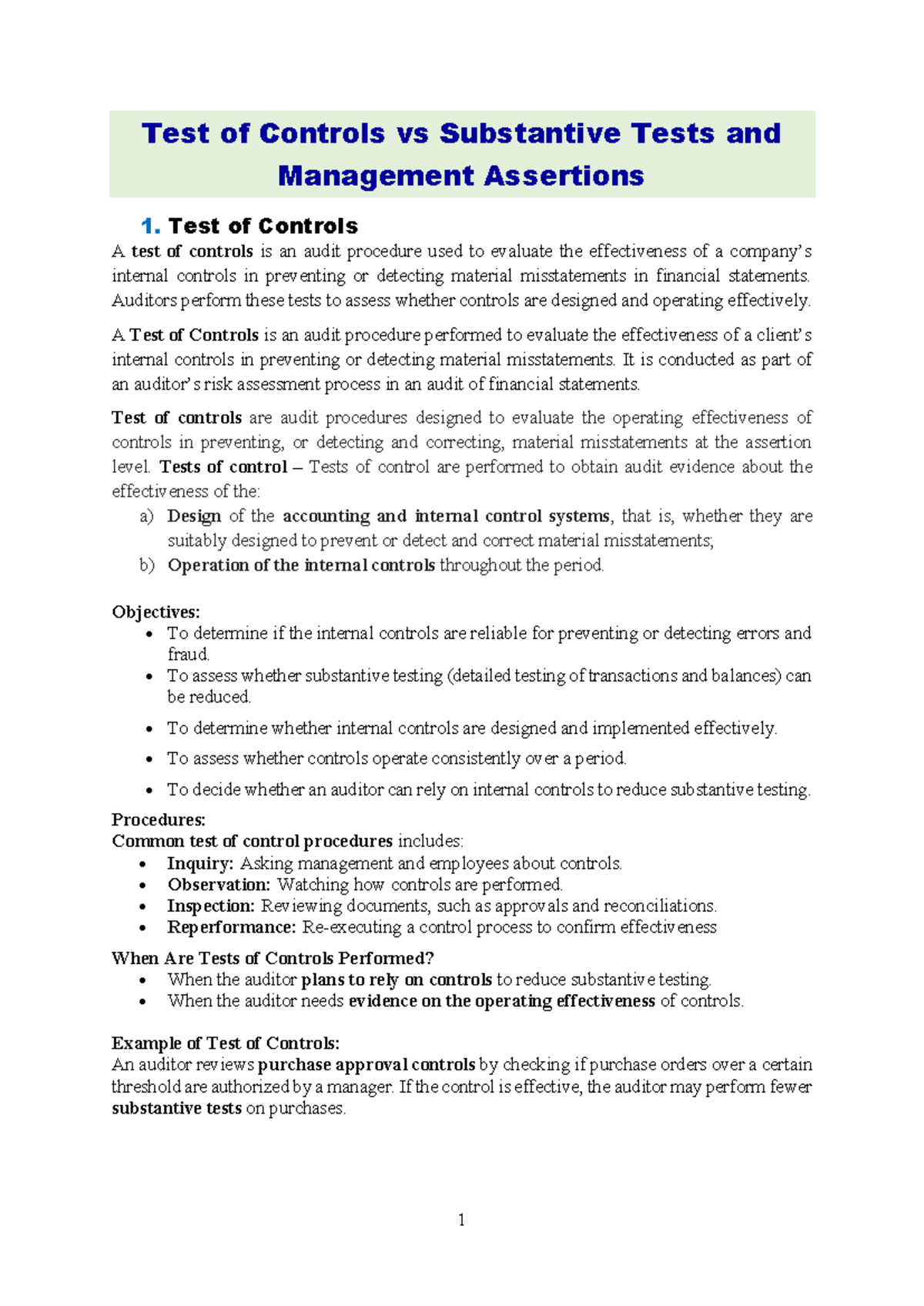 Control and Substantive Tests in Auditing: Examining Assertions - Studocu