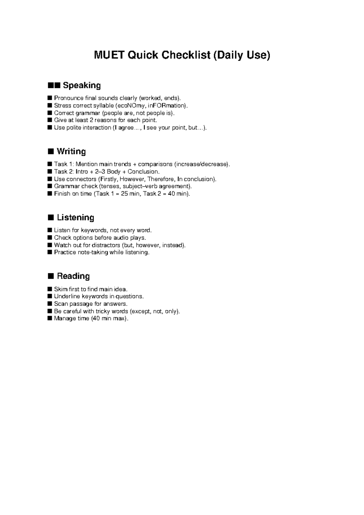 MUET Quick Checklist: Speaking, Listening, and Reading Tips - Studocu