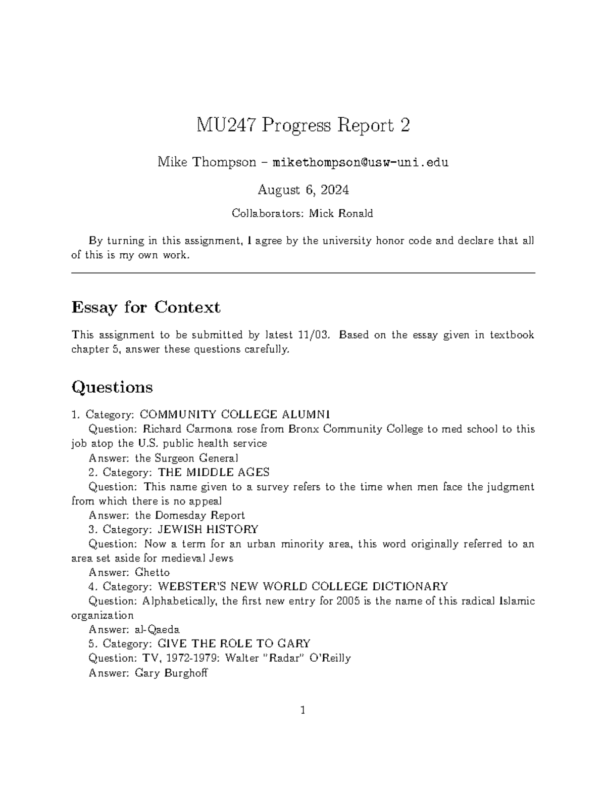 MU247 Progress Report 2: Essay Questions & Answers Analysis - Studocu
