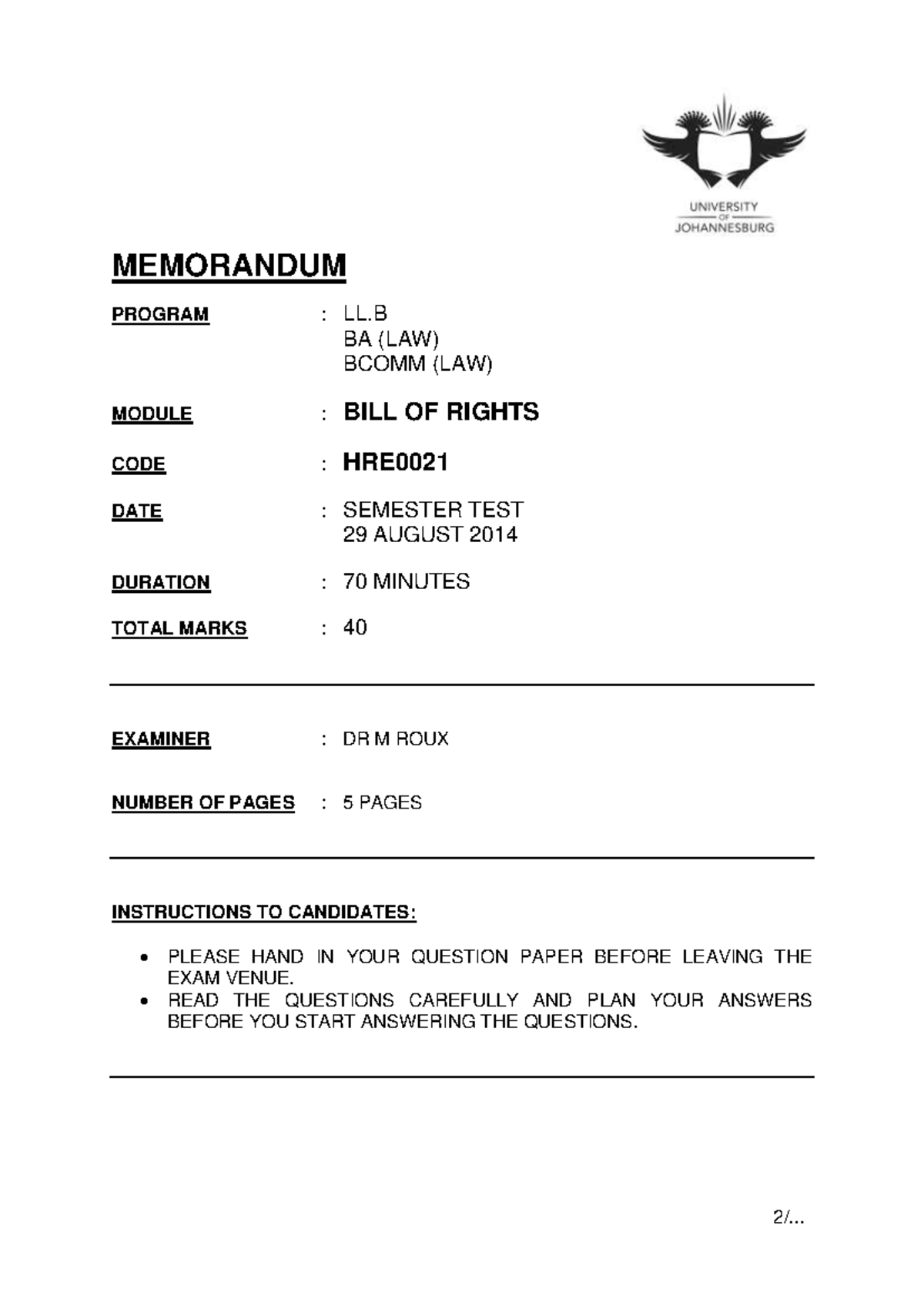 semster test 2014 - MEMORANDUM PROGRAM : LL BA (LAW) BCOMM (LAW) MODULE ...