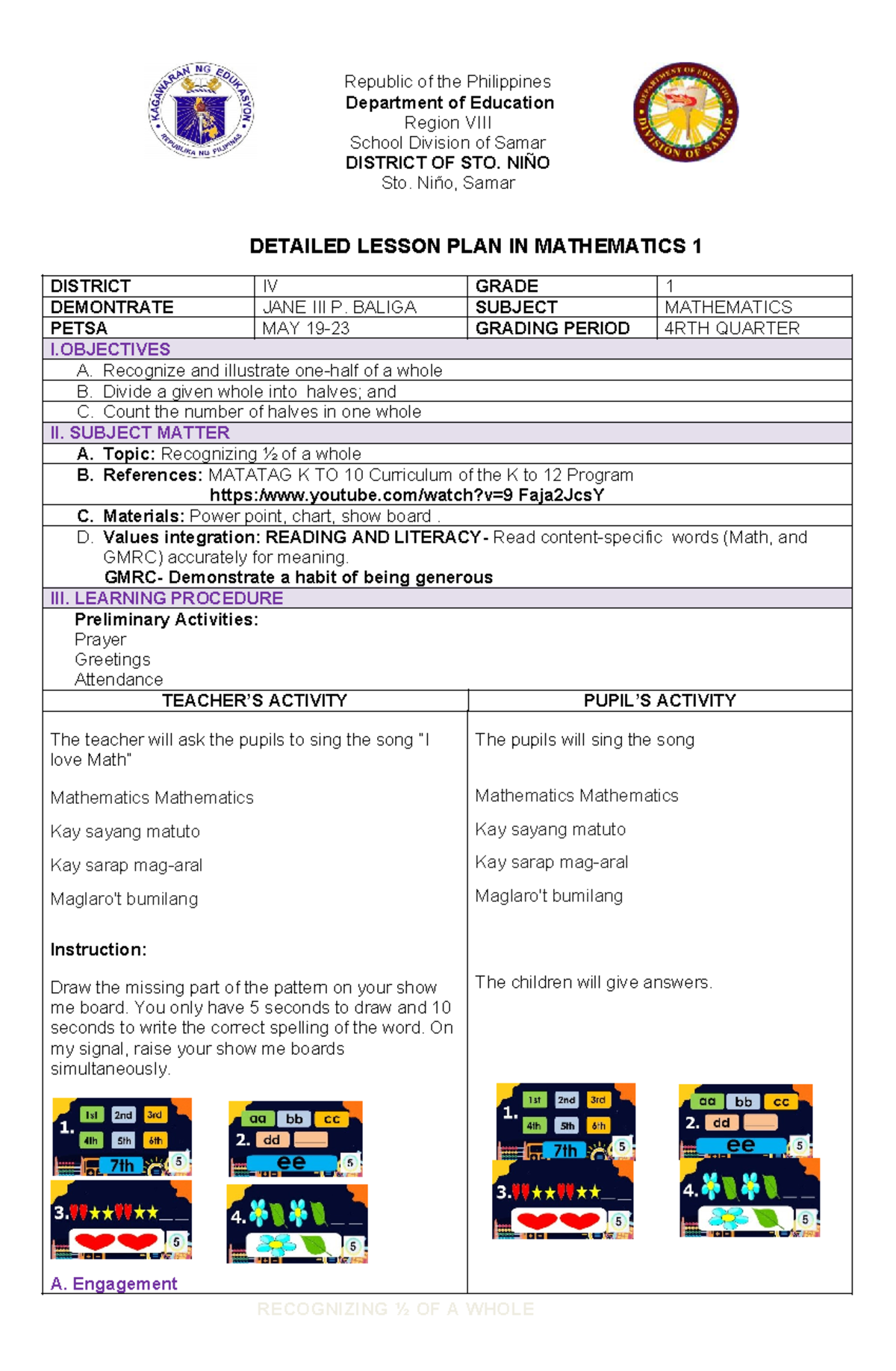 Detailed Lesson Plan in Mathematics 1: Recognizing ½ of a Whole - Studocu