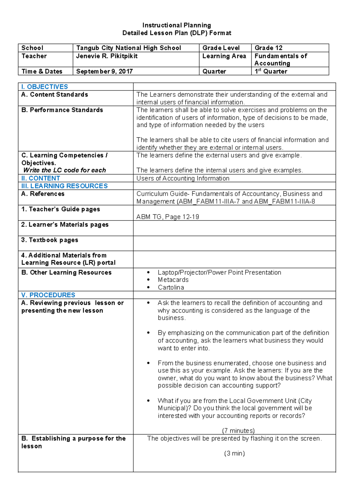 ABM FABM11-IIIa Detailed Lesson Plan on Accounting Users - Studocu