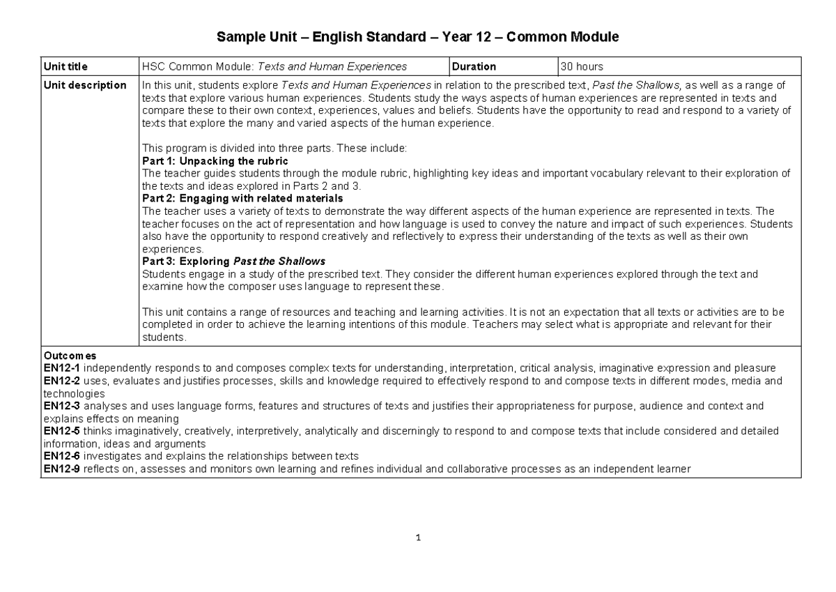 HSC English Standard Year 12: Past the Shallows - Common Module Notes ...
