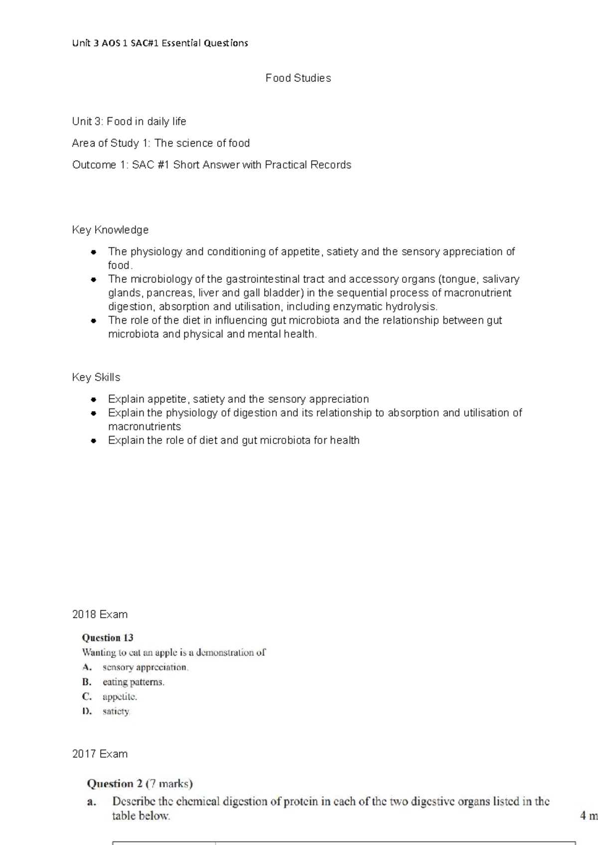 Unit 3 AOS 1 SAC #1 Essential Questions: Food Studies Insights - Studocu