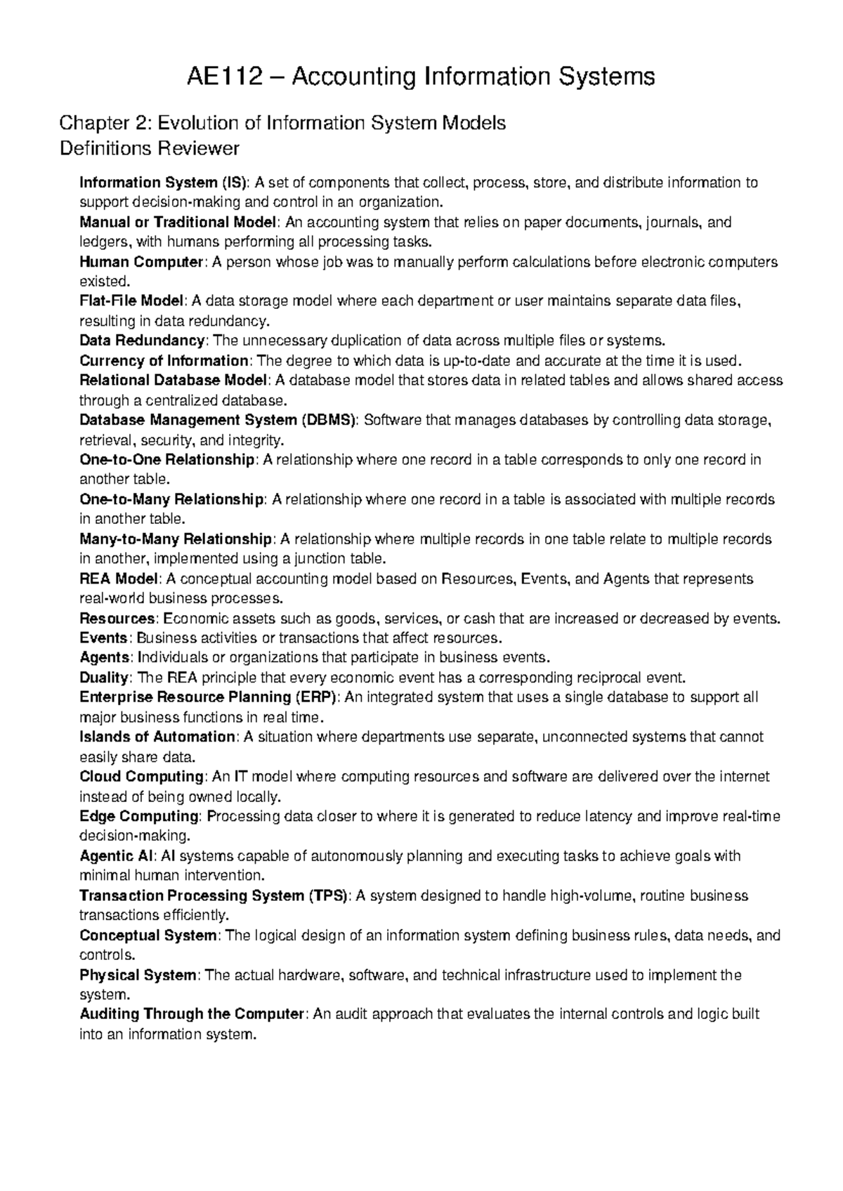 AE112 Accounting Information Systems Chapter 2 Definitions Review - Studocu