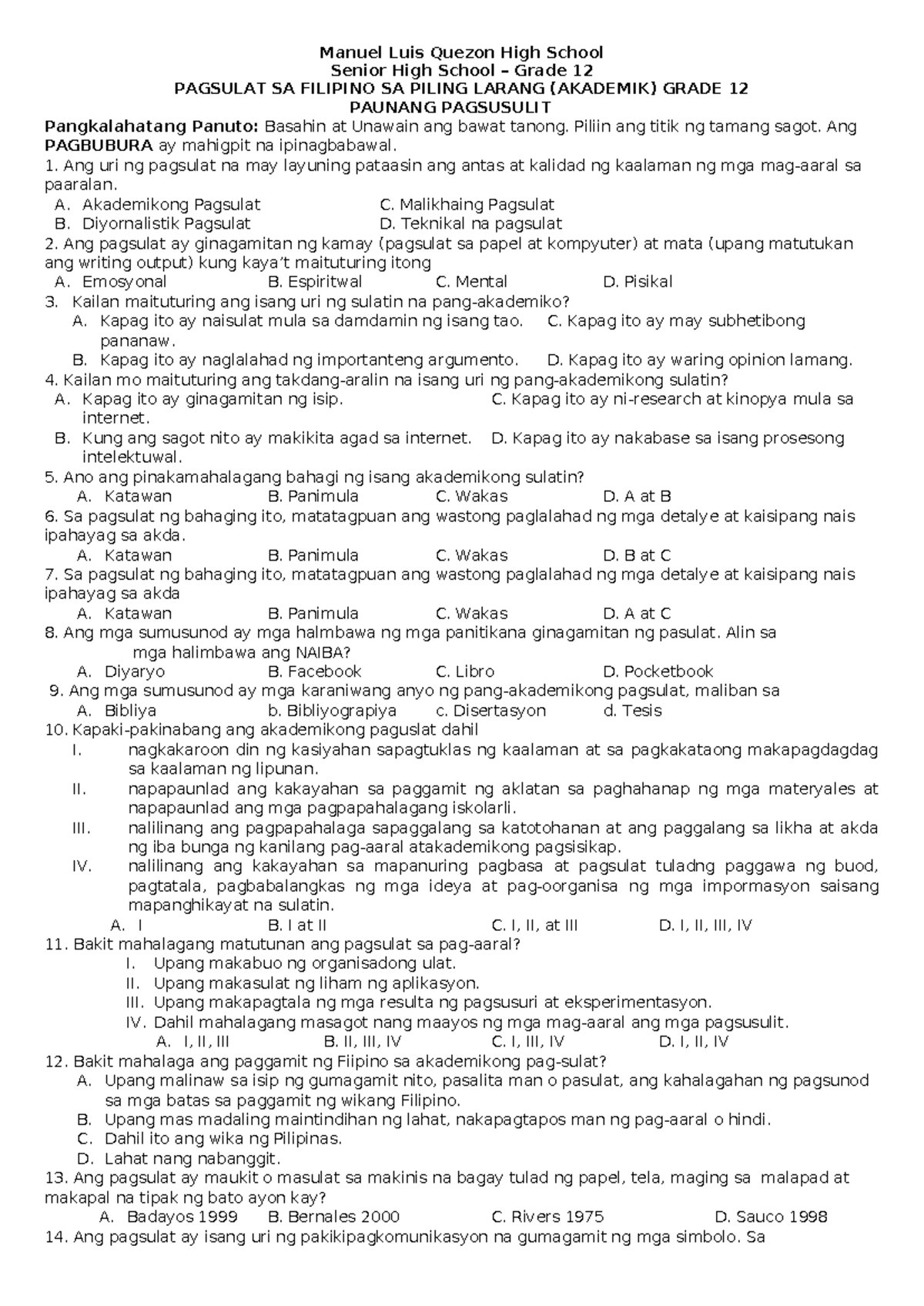 Pretest: Pagsulat sa Filipino sa Piling Larang (Grade 12) - Studocu