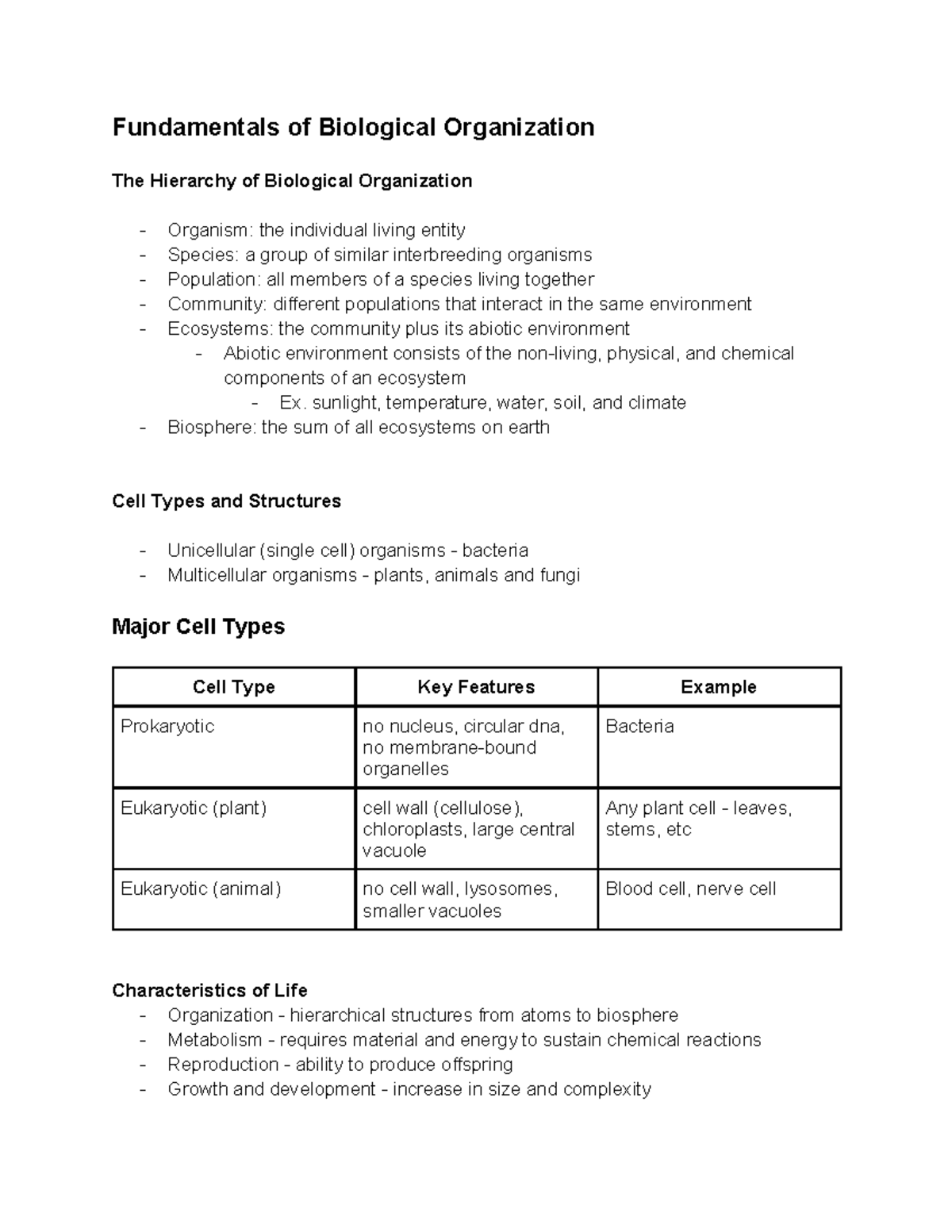 Fundamentals of Bio Org: Hierarchy & Cell Types Overview - Studocu