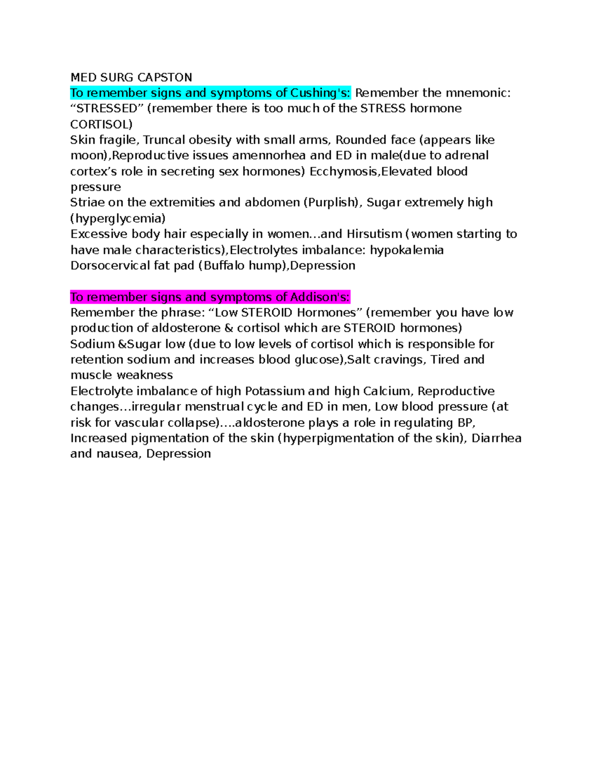 MED SURG Capstone - Mnemonics for Cushing's & Addison's Signs - Studocu