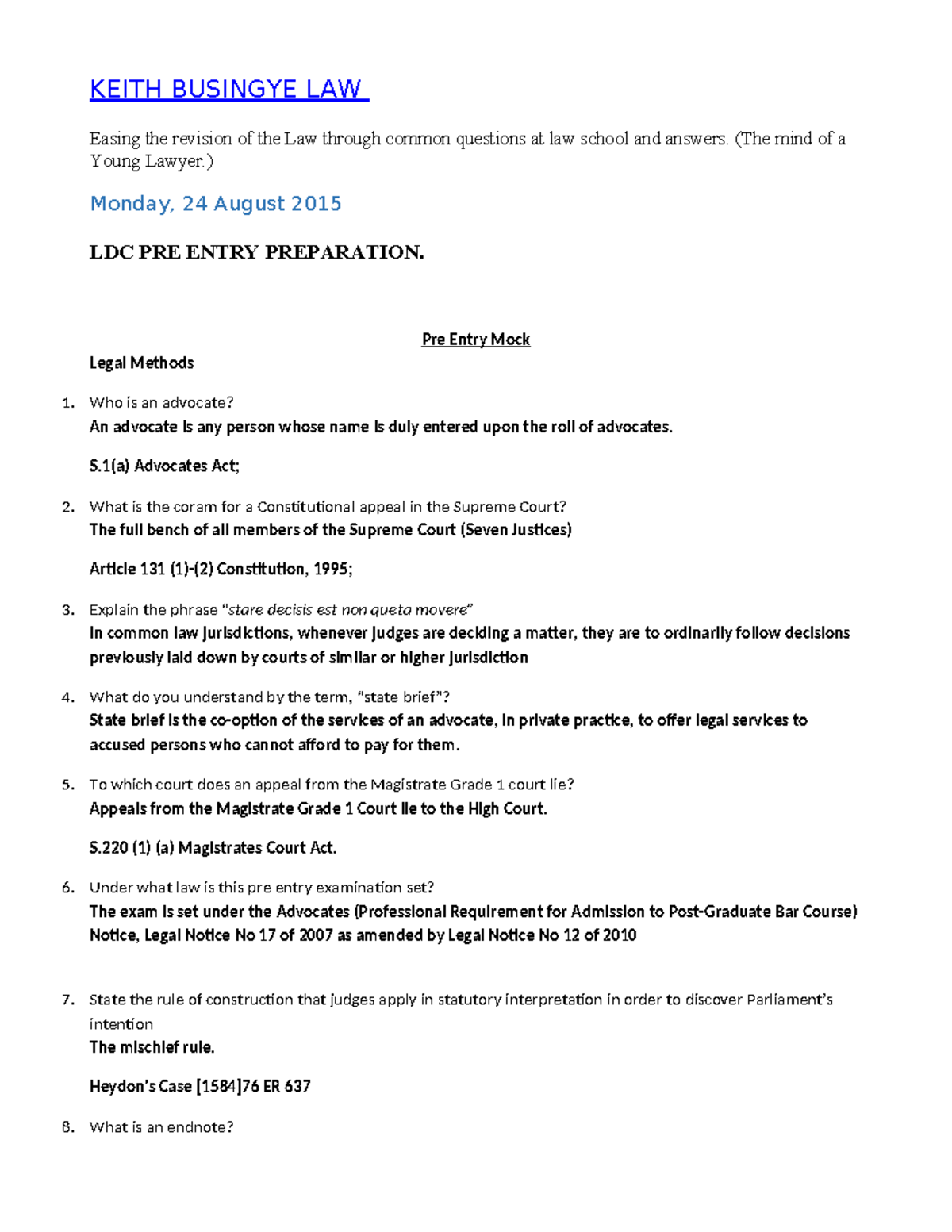 LDC PRE ENTRY PREPARATION: Common Law Questions & Answers Guide - Studocu