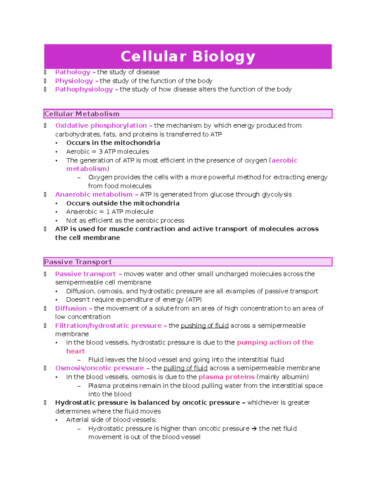 Cellular Biology Notes - Cellular Biology ¥ Pathology – the study of ...