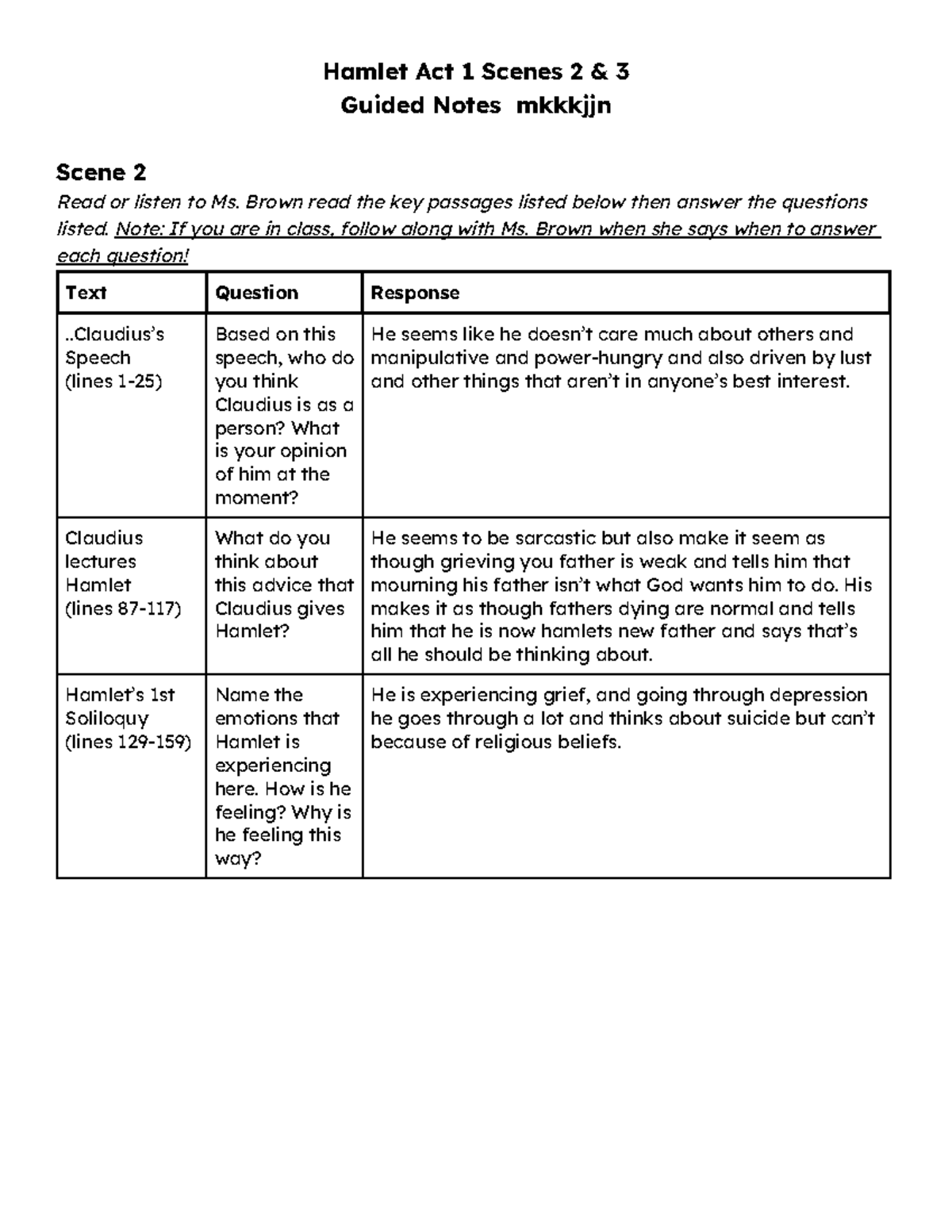 Hamlet 1.2 & 3 Guided Notes Handout - Hamlet Act 1 Scenes 2 & 3 Guided ...