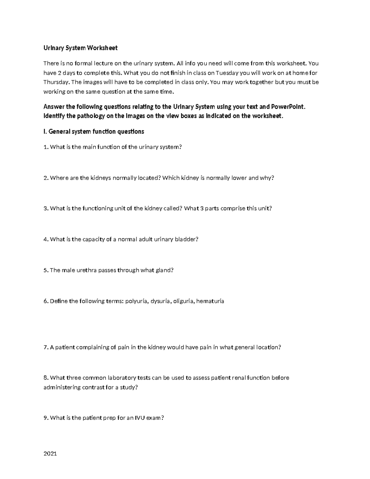 URINARY SYSTEM WORKSHEET (URINARY 101) - PATHOLOGY IDENTIFICATION - Studocu