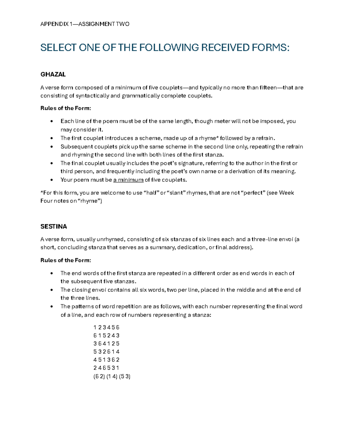Appendix 1: Rules for Ghazal & Sestina Forms - Studocu