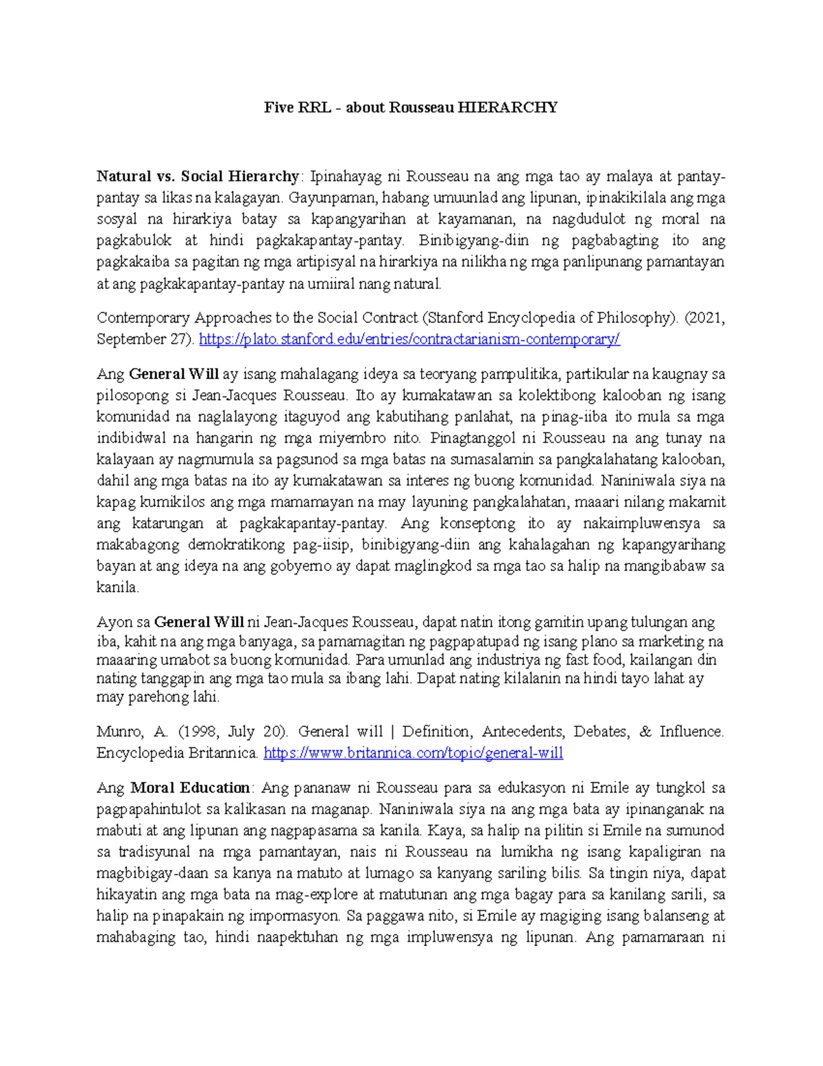 RRL on Rousseau's Hierarchy: Natural vs. Social Dynamics - Studocu
