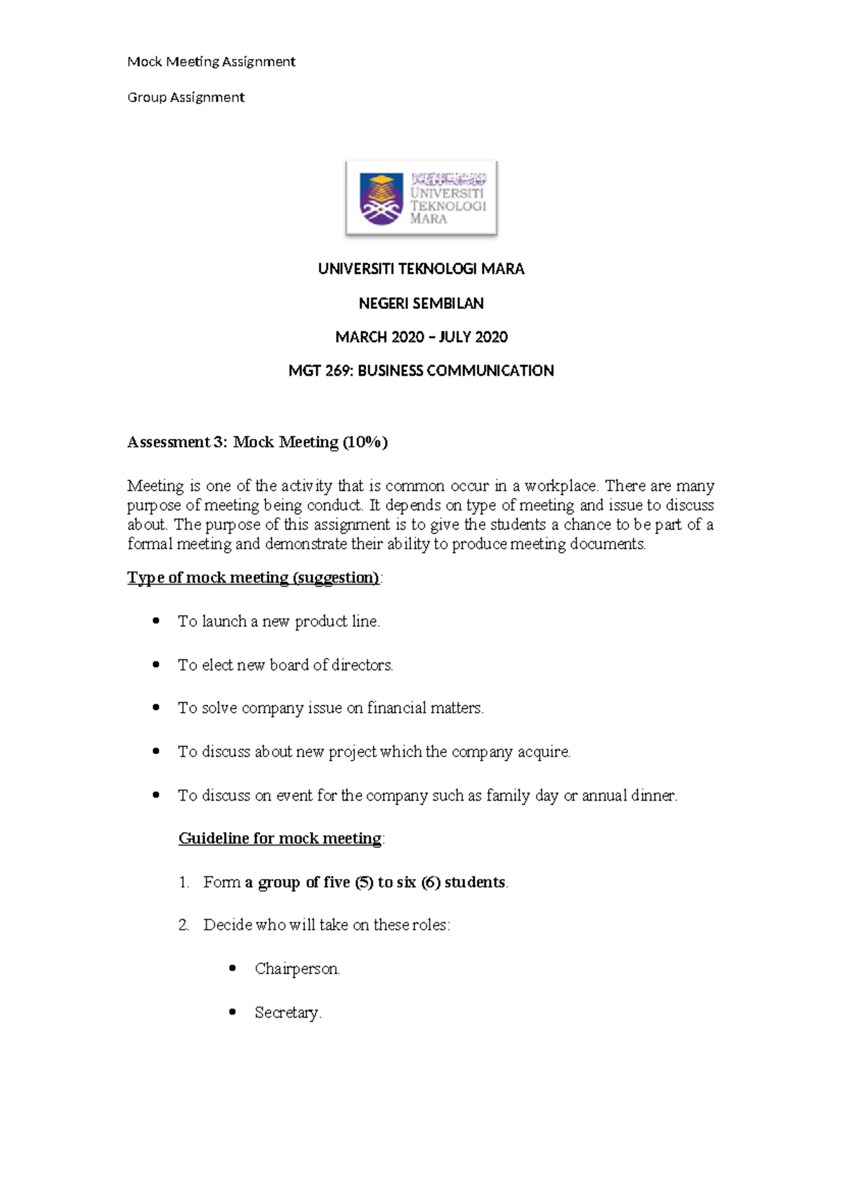 MGT 269: Mock Meeting Group Assignment (10%) - Details & Guidelines ...