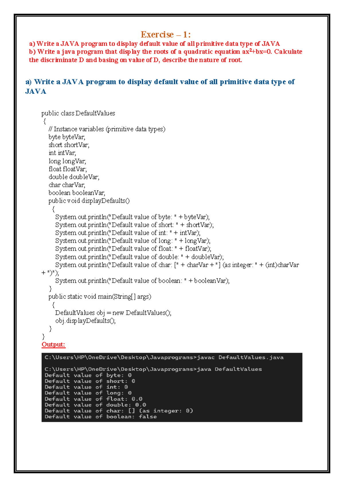 JAVA Exercise 1: Default Values & Quadratic Roots Program - Studocu