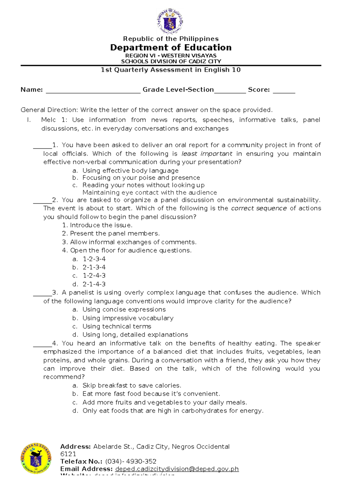 1st Quarterly Assessment in English 10 - SY 2024-2025 - Studocu