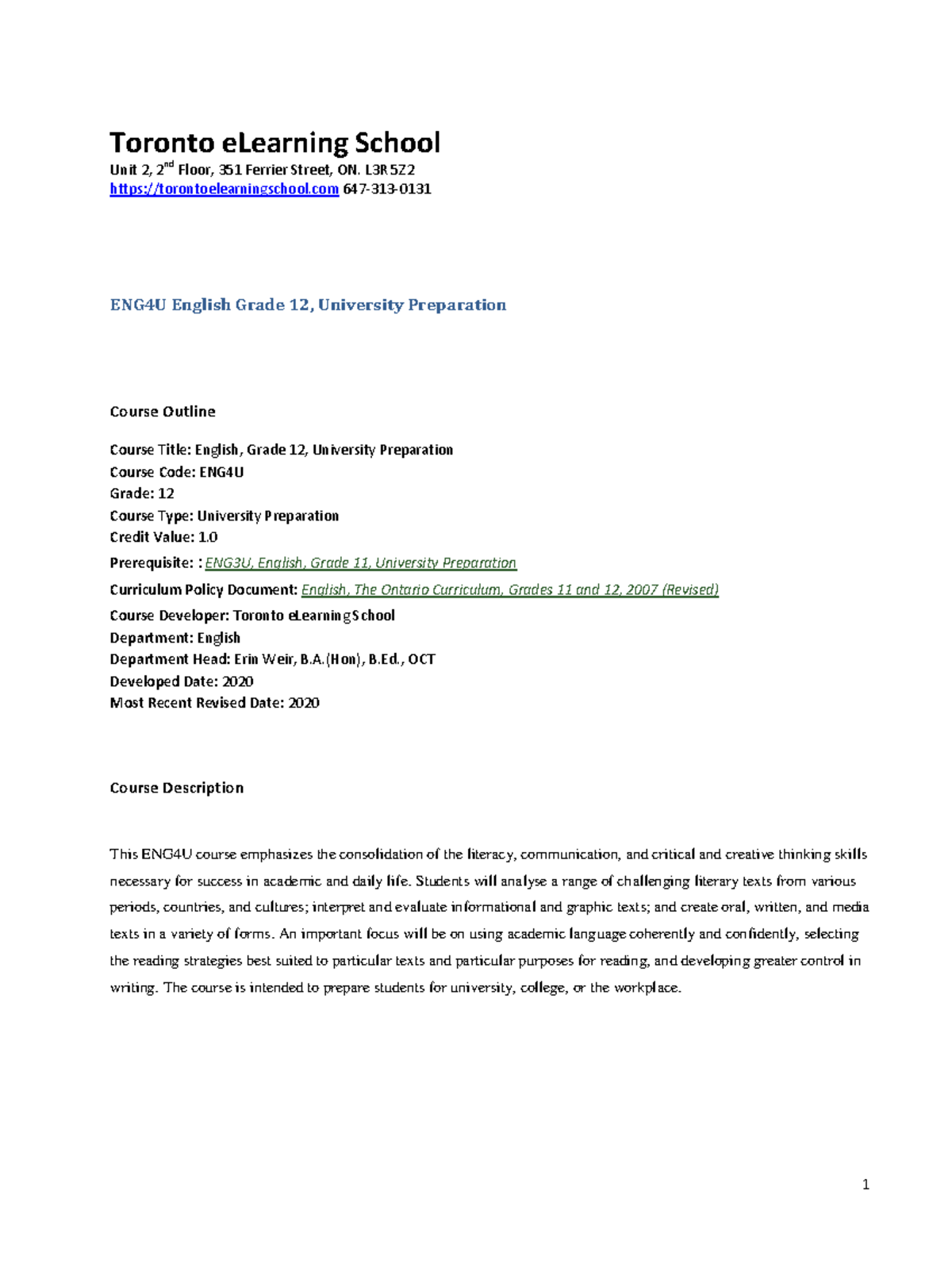 ENG4U - Course Outline & Key Components for Success in English 12 - Studocu