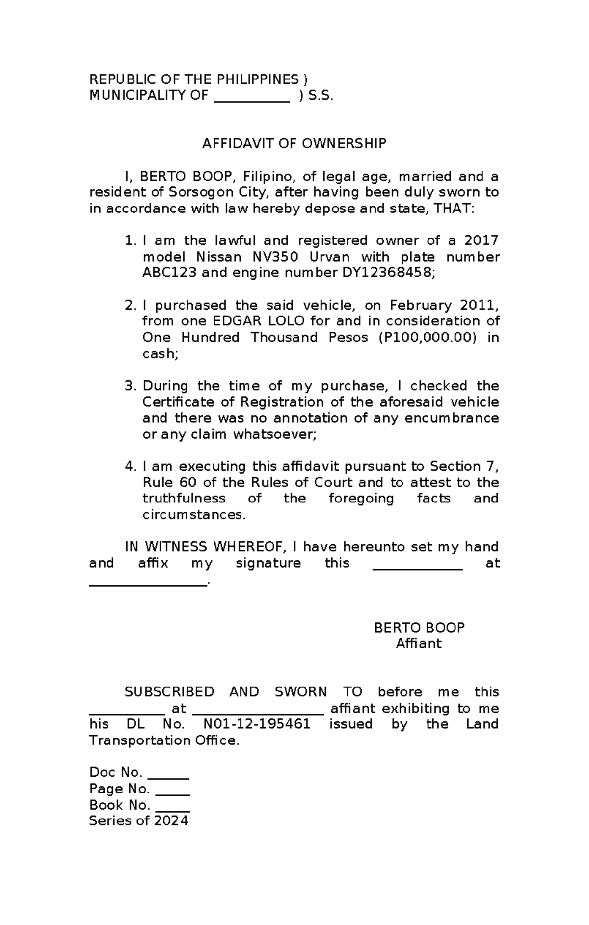 Affidavit of Ownership Sample for Vehicle - Legal Document Template ...