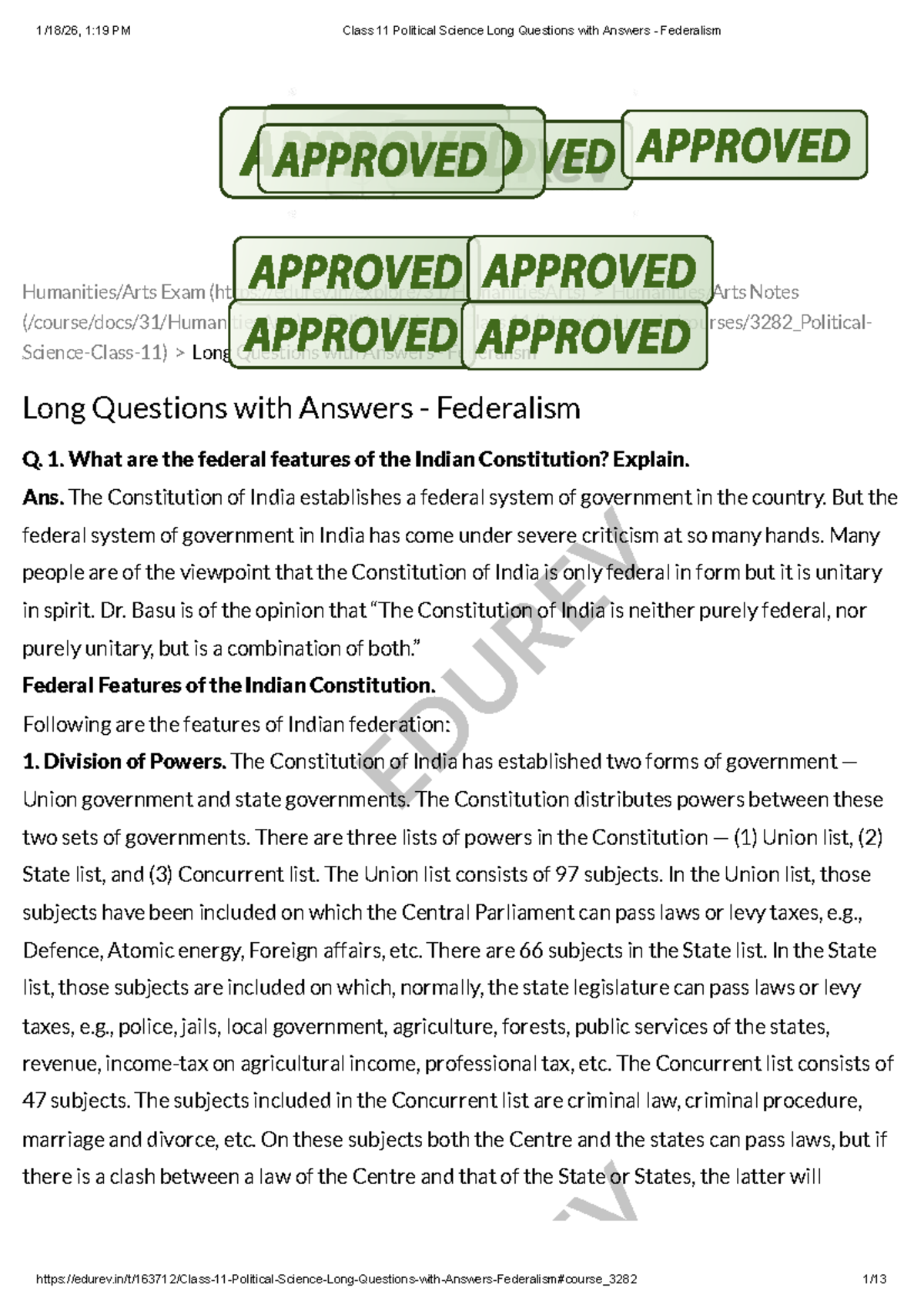 Class 11 Political Science Exam Notes: Federalism Long Q&A - Studocu