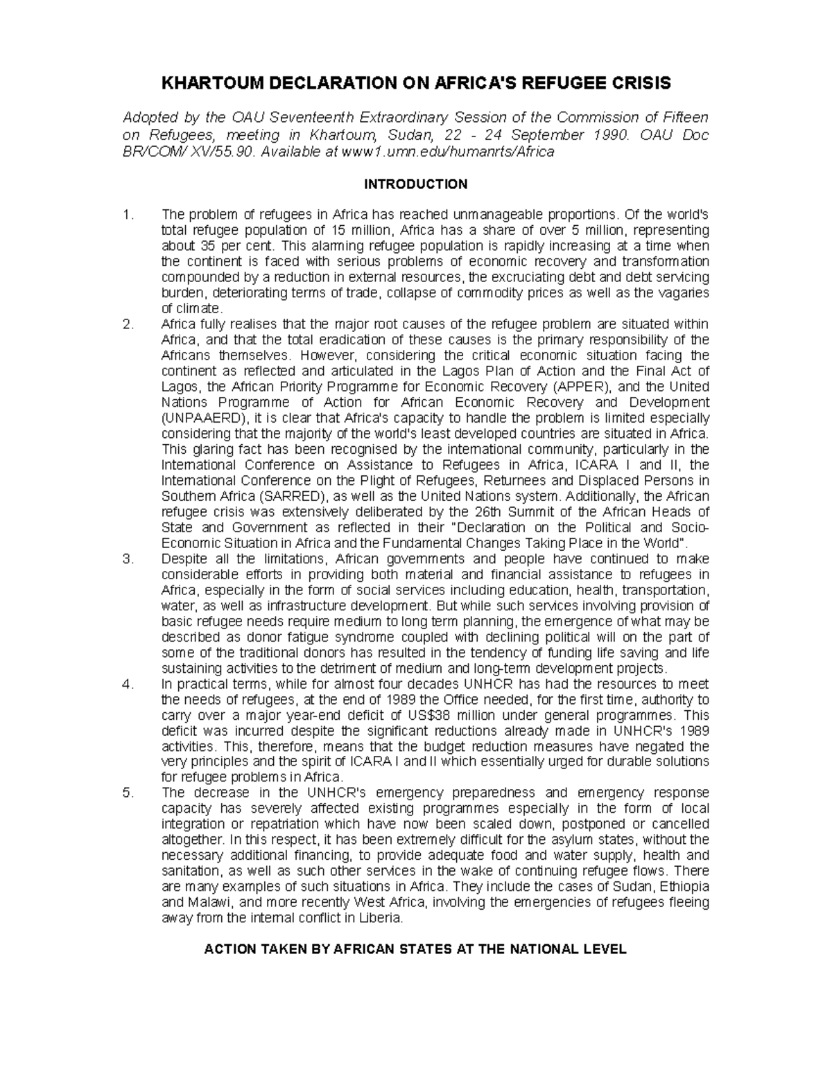KHARTOUM DECLARATION ON REFUGEE CRISIS: OAU 1990 Insights - Studocu
