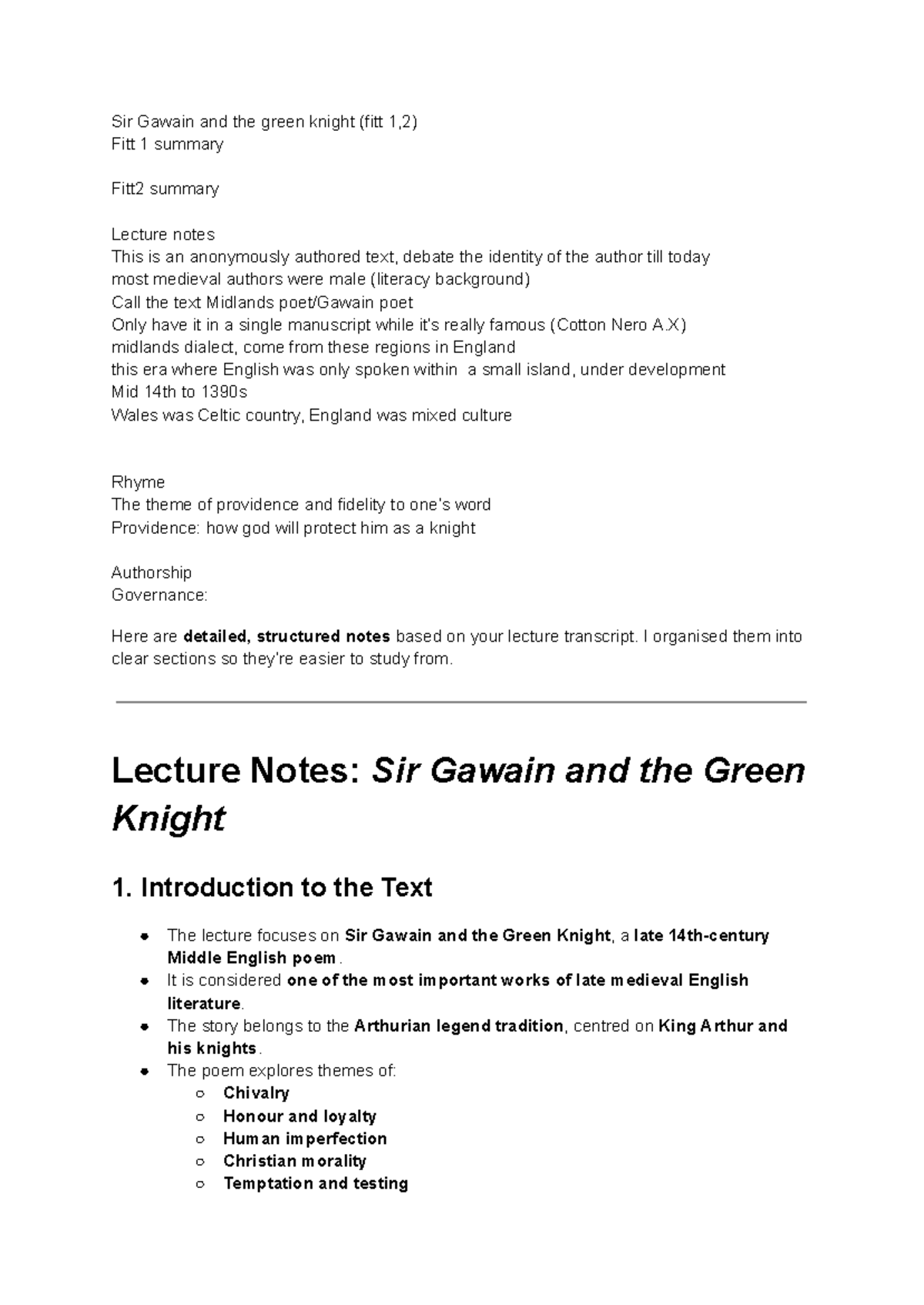 ENGL1001 - Sir Gawain and the Green Knight Lecture Notes (Fitts 1 & 2 ...