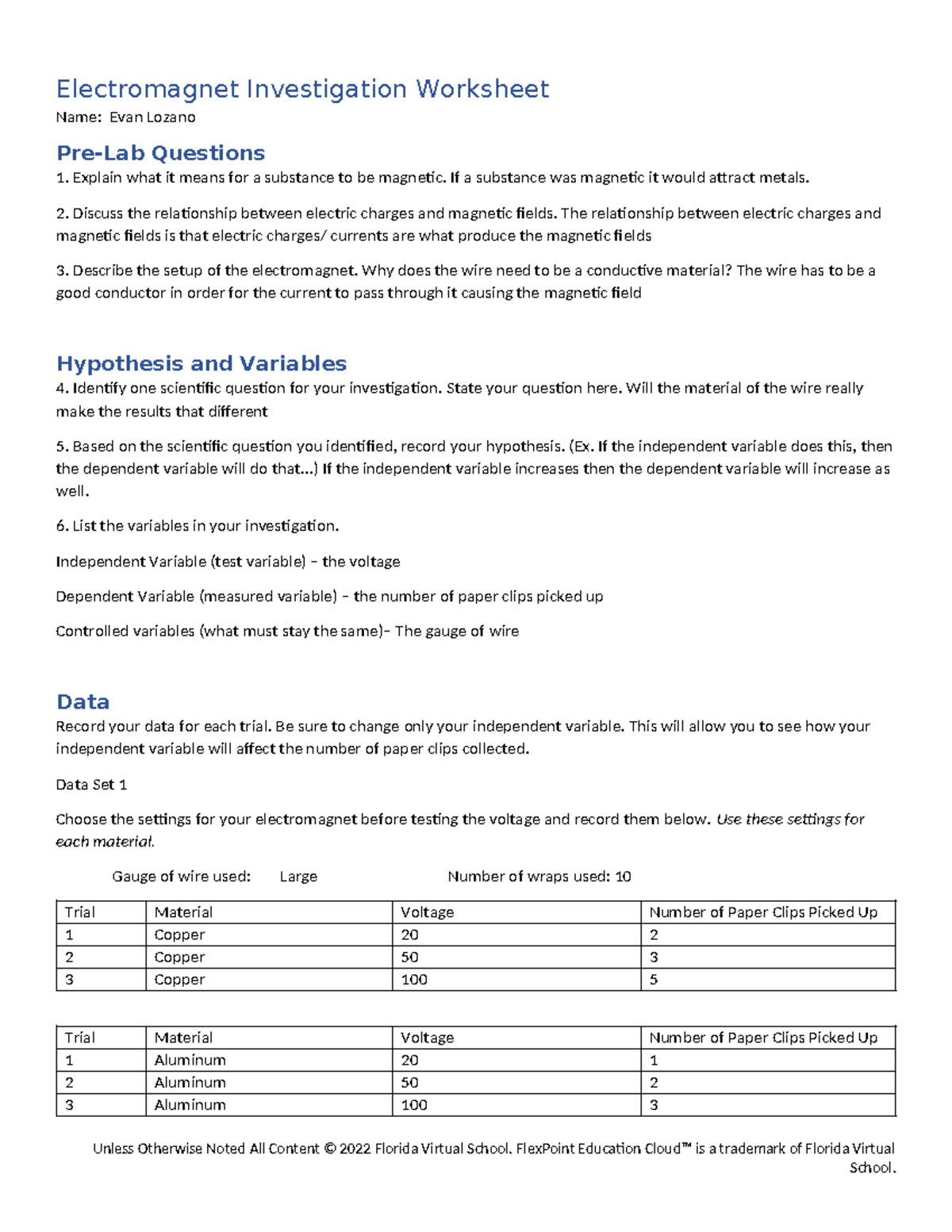 Electromagnet Investigation Worksheet: Exploring Magnetic Properties ...