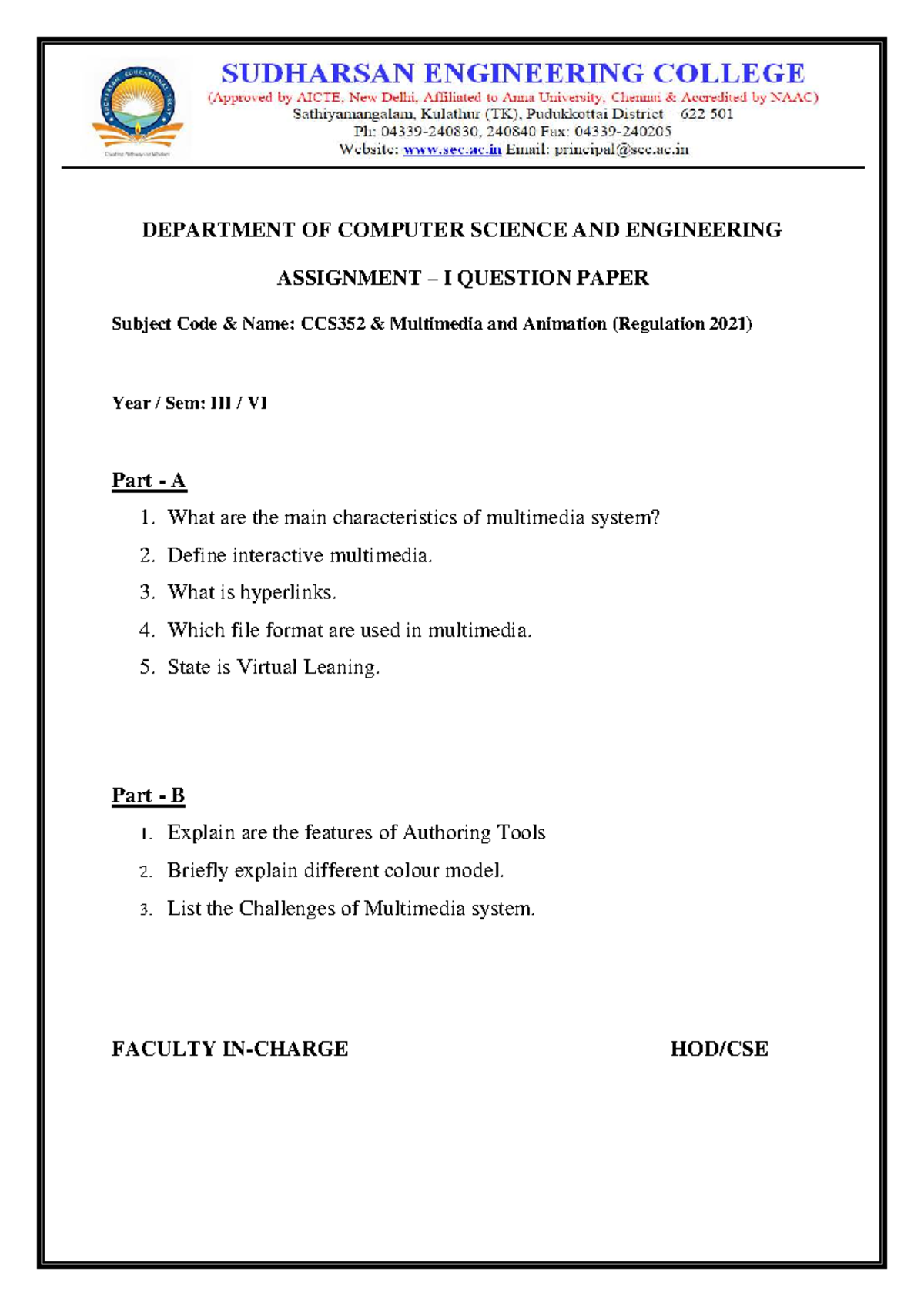 CCS352 Multimedia & Animation - Assignment I Question Paper - Studocu