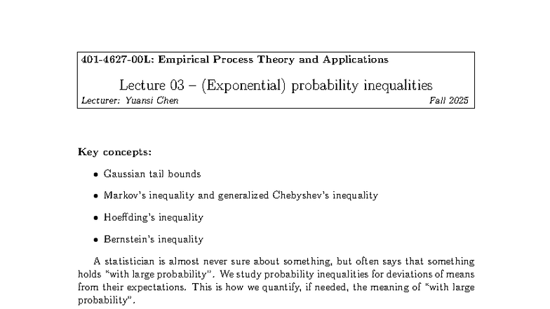 Lecture 03: Exponential Probability Inequalities (Fall 2025) - Studocu