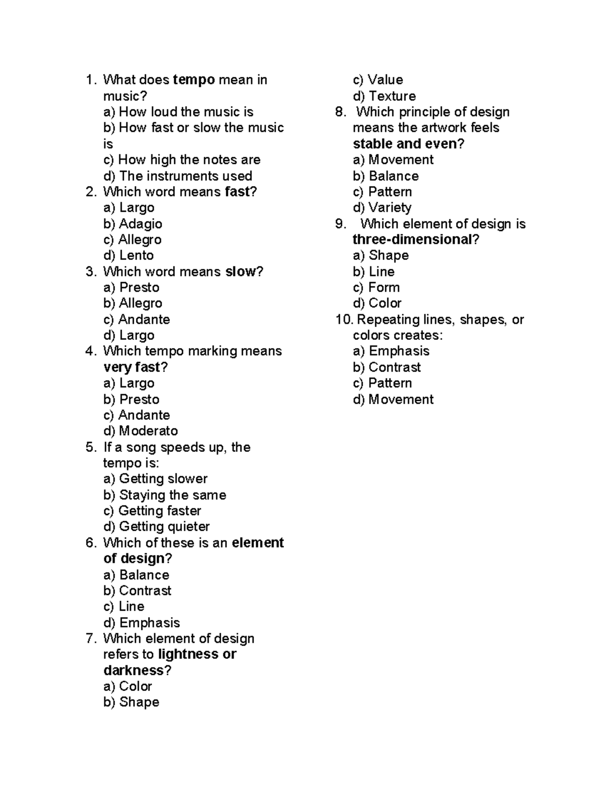 Summative MAPEH Quiz: Understanding Tempo and Design Elements - Studocu