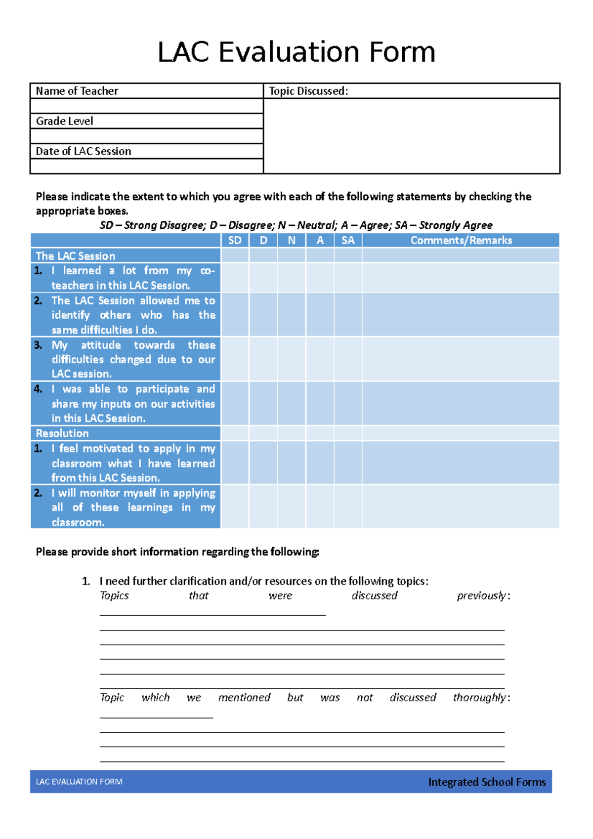 LAC Evaluation Form by i School Forms - LAC Evaluation Form Name of ...
