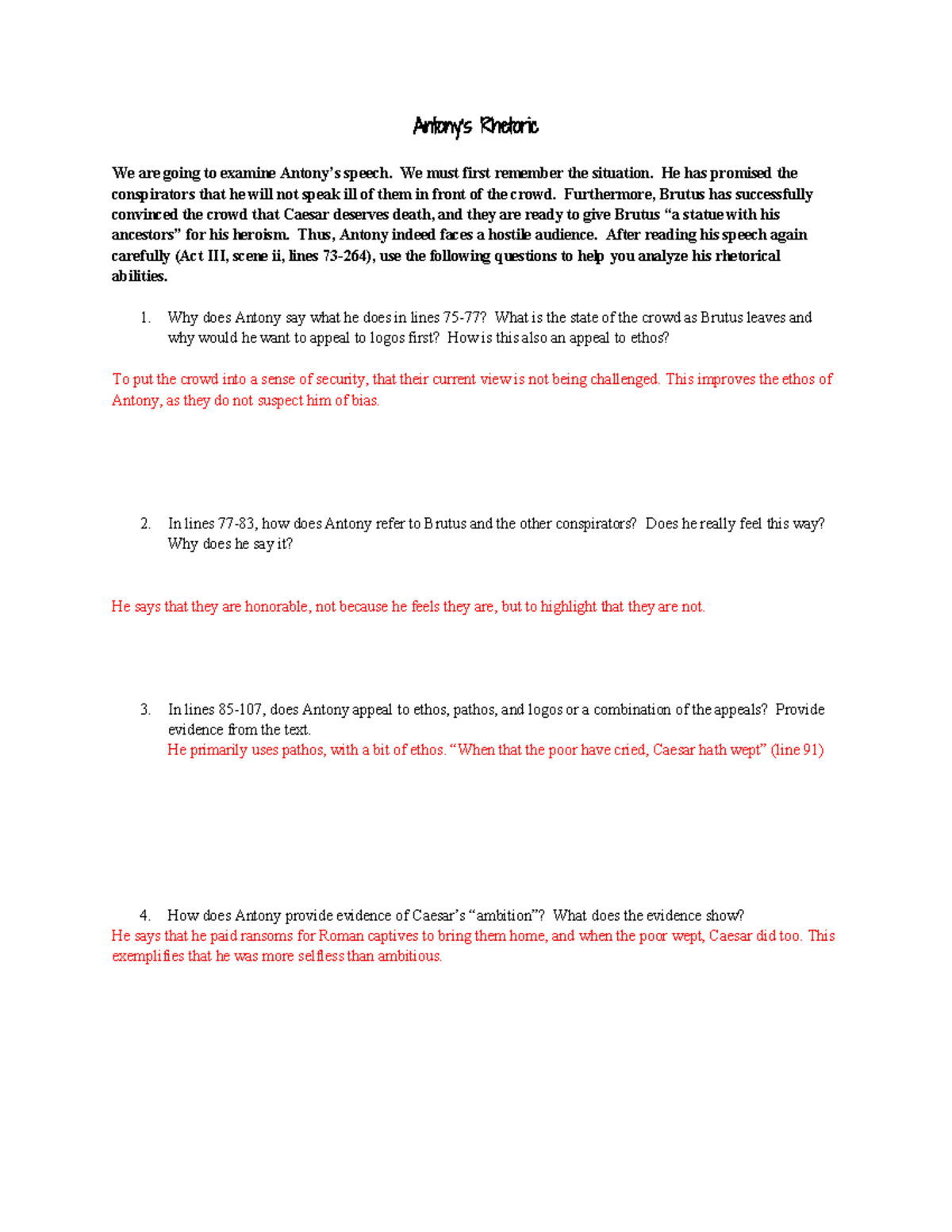 Antony's Rhetoric Analysis: Examining Speech Techniques - Studocu