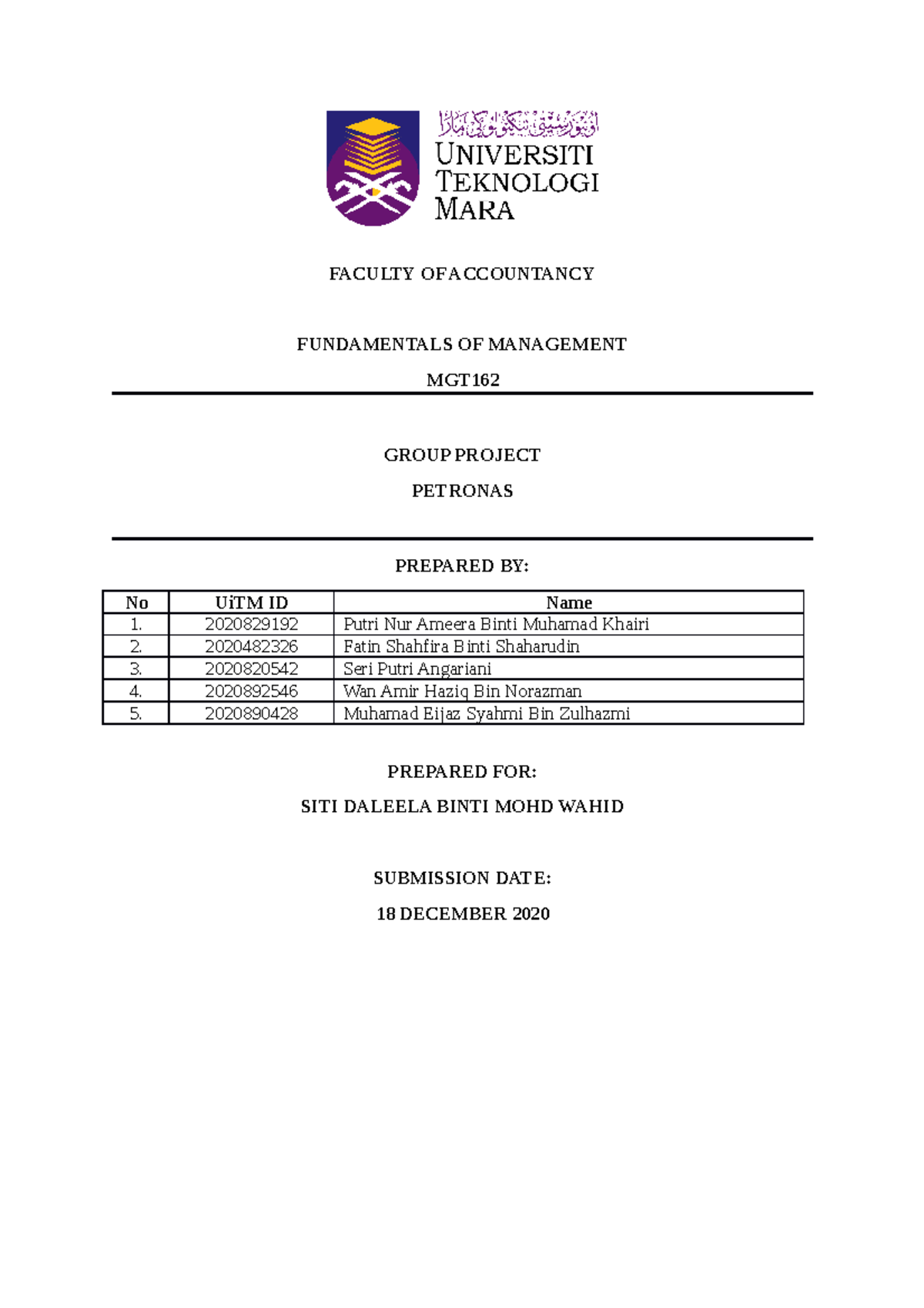 MGT162 Group Project: Analysis of PETRONAS Management Functions - Studocu
