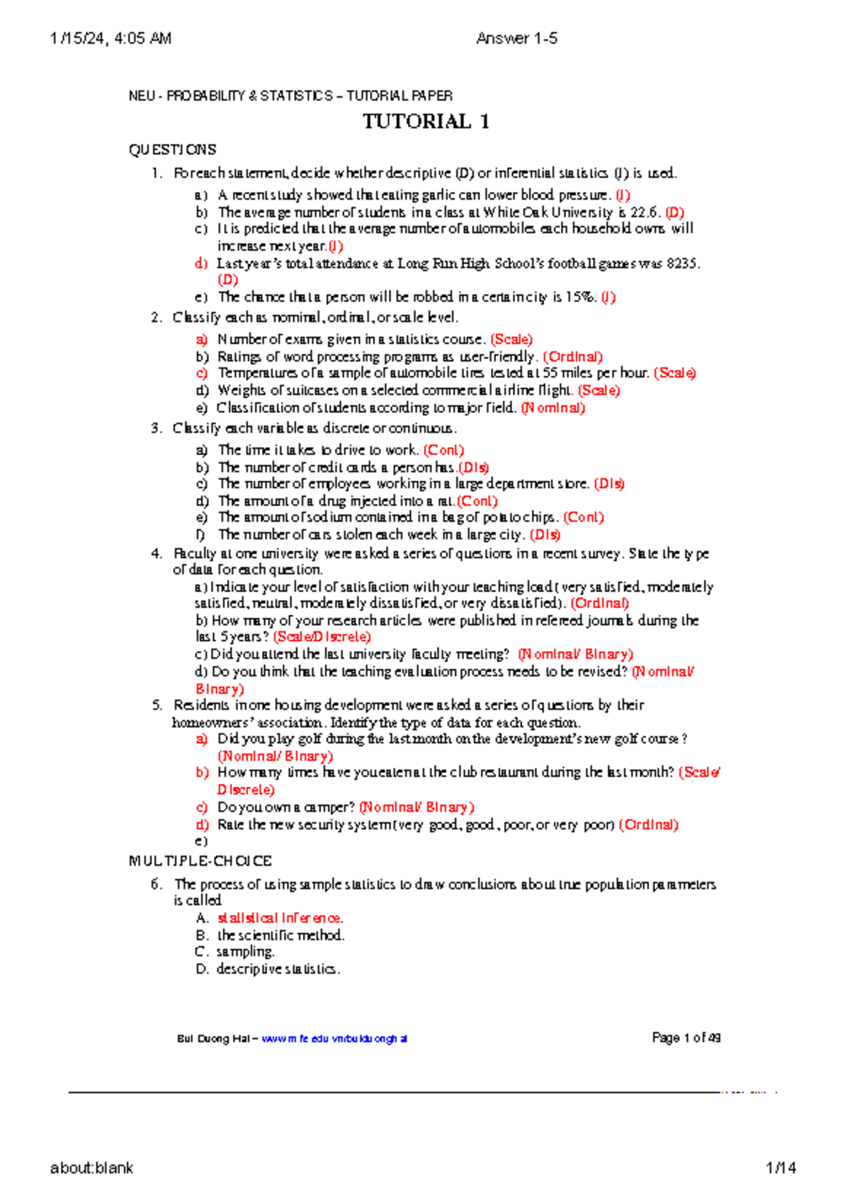 Answer 1-5 - solution - NEU - PROBABILITY & STATISTICS – TUTORIAL PAPER ...